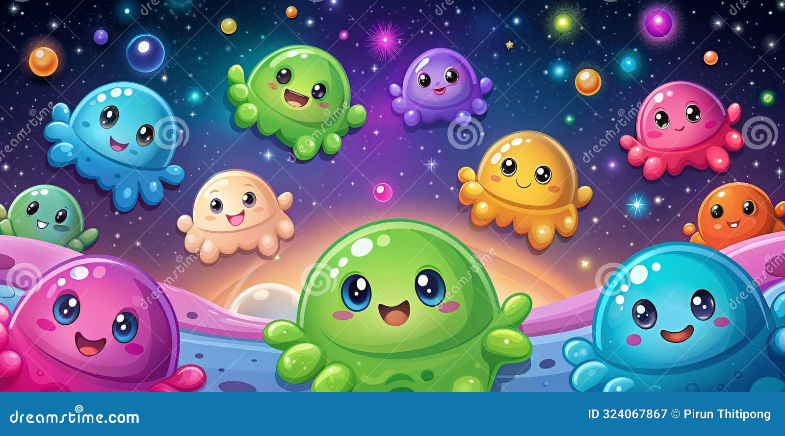 Cute Slime Creatures Celebrating, Generative AI Illustration Royalty ...