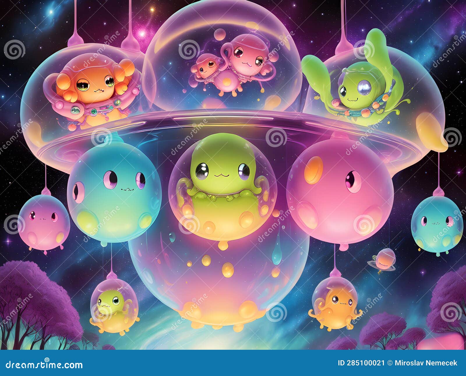 Cute Slime Creatures in Outerspace, Generative AI Illustration Stock ...