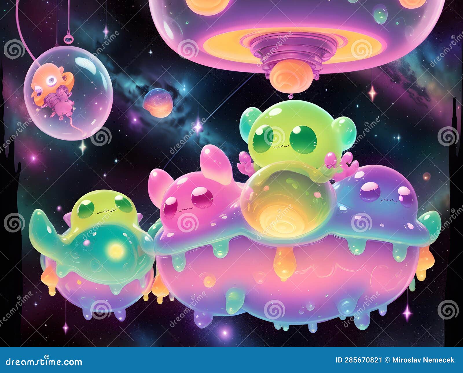 Cute Slime Creatures in Outerspace, Generative AI Illustration Stock ...