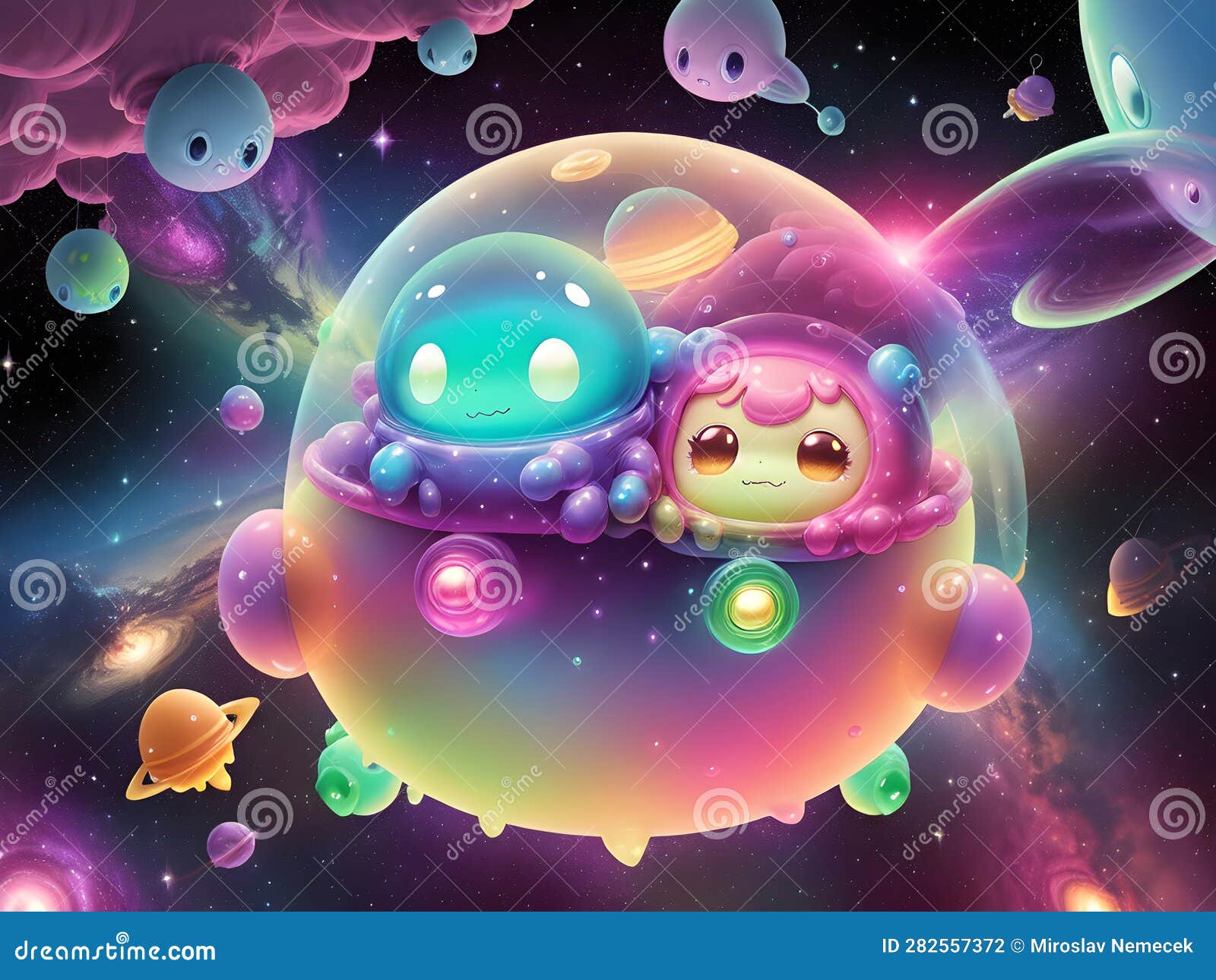 Cute Slime Creatures in Outerspace, Generative AI Illustration Stock ...