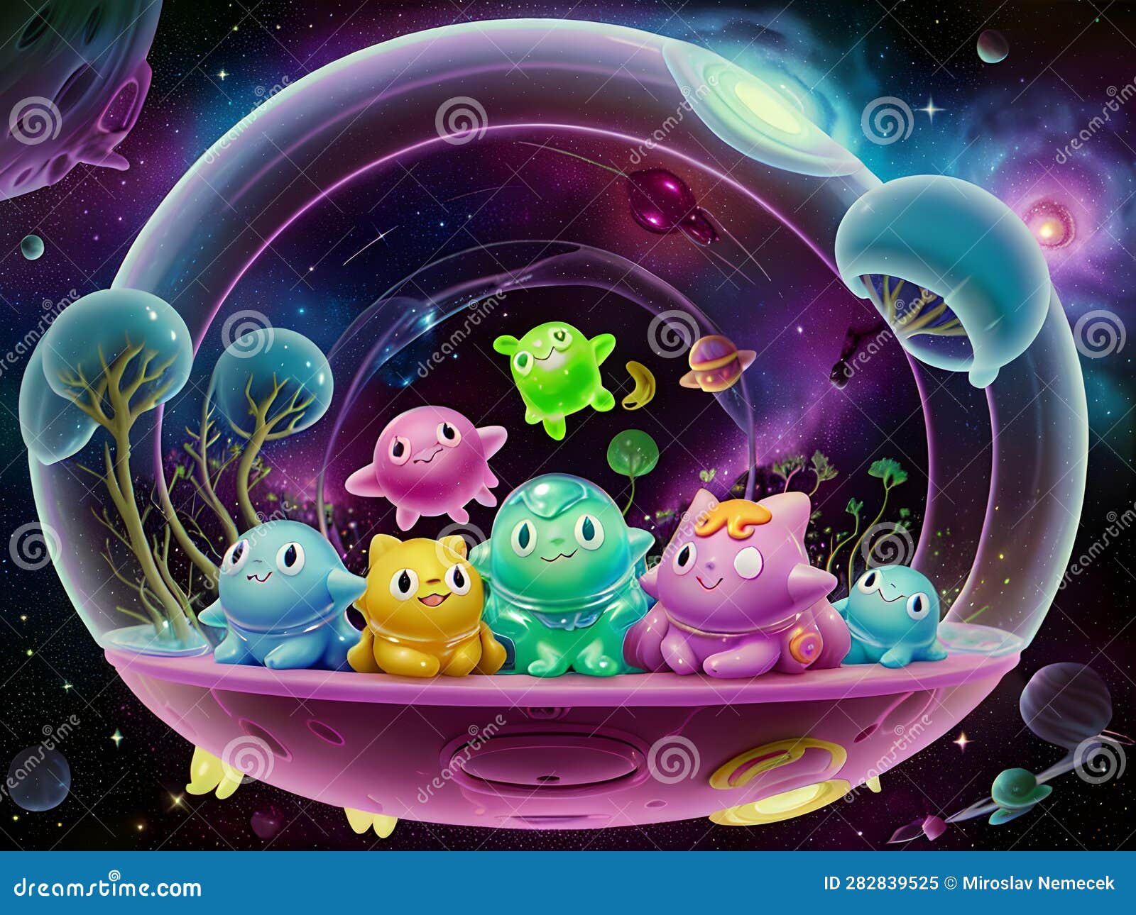 Cute Slime Creatures in Outerspace, Generative AI Illustration Stock ...
