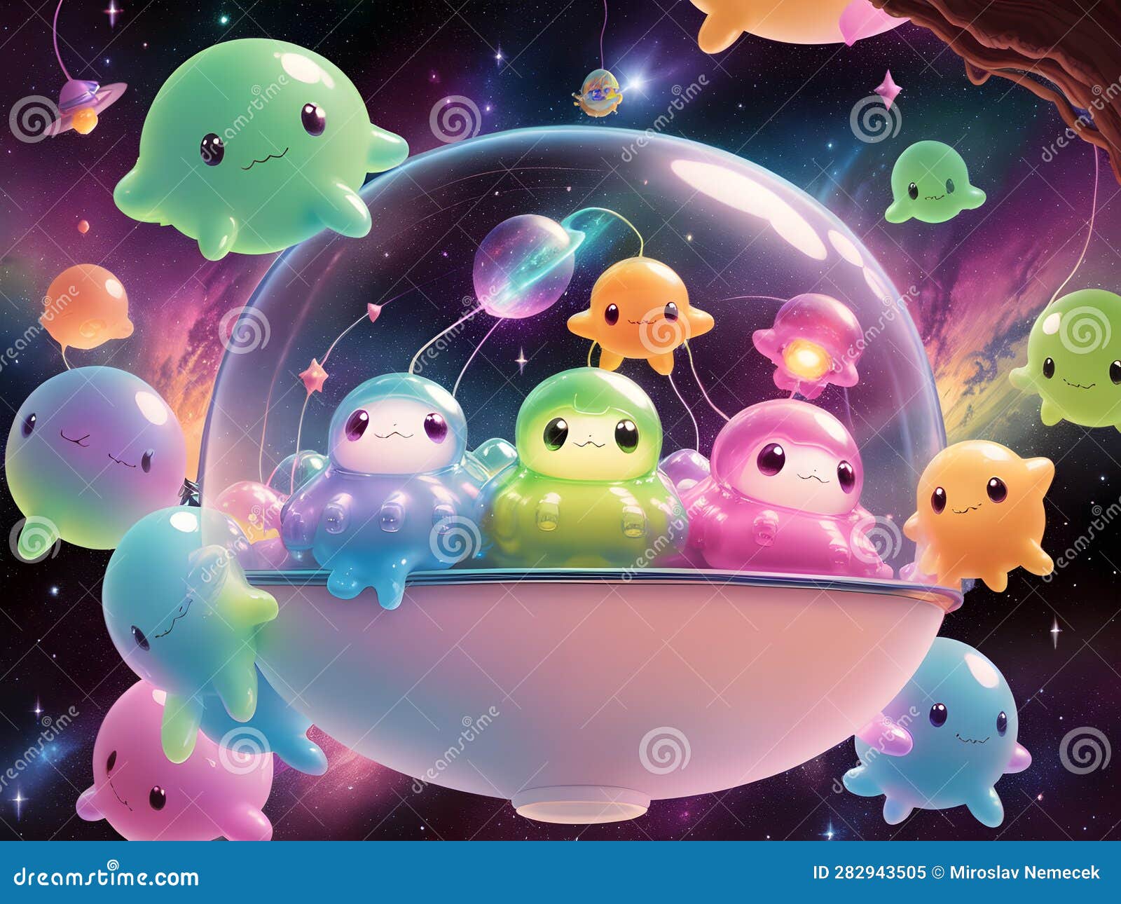Cute Slime Creatures in Outerspace, Generative AI Illustration Stock ...