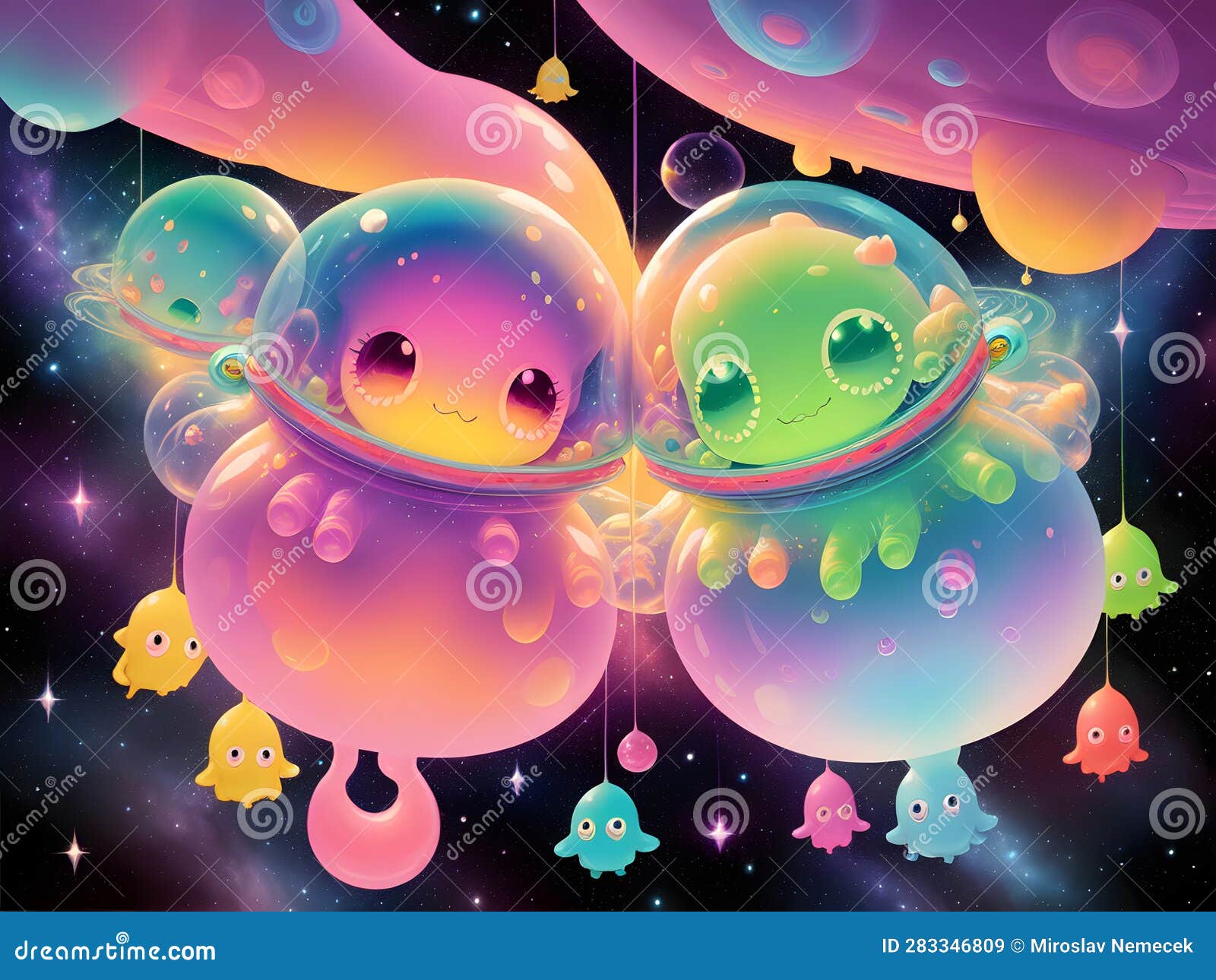 Cute Slime Creatures in Outerspace, Generative AI Illustration Stock ...