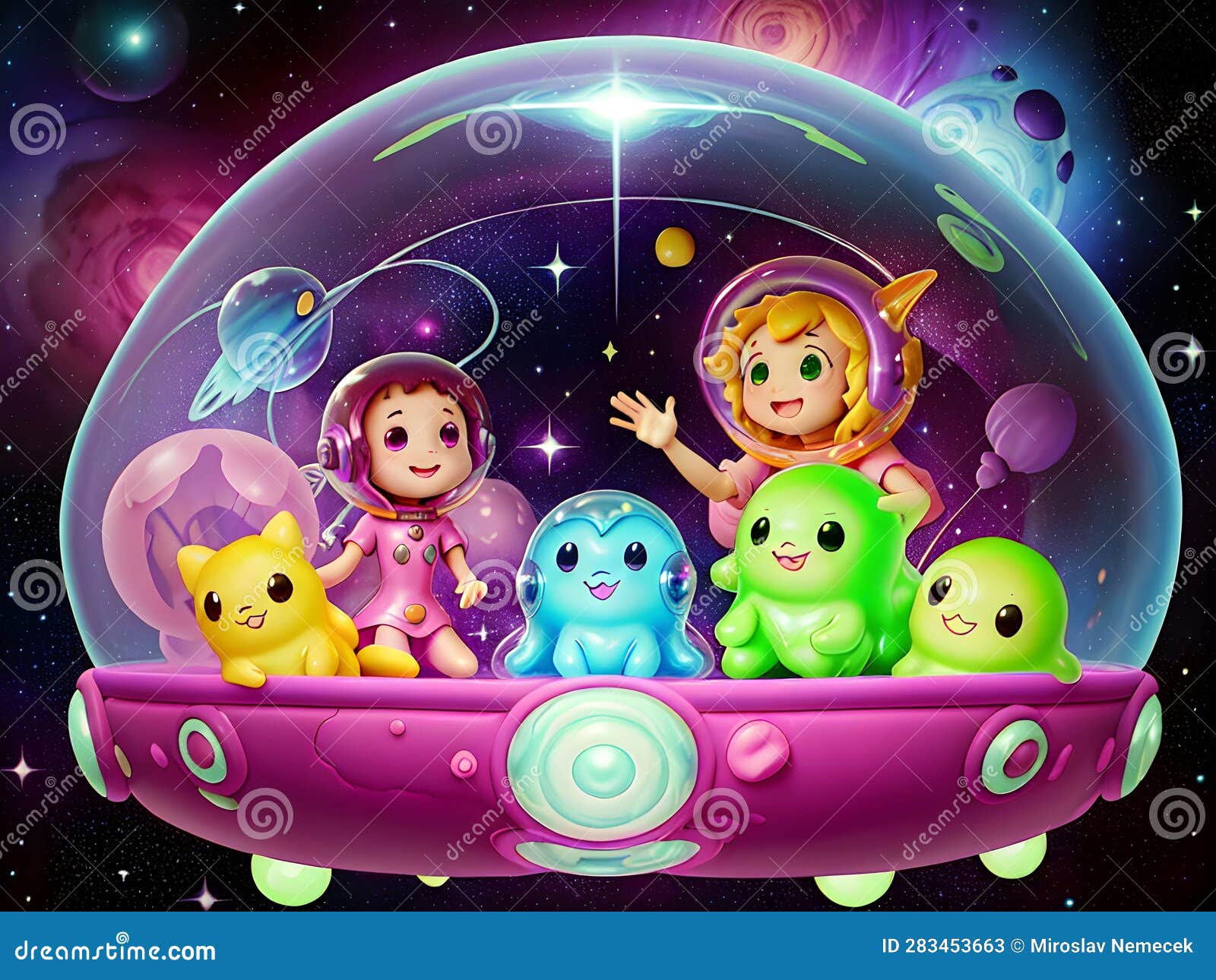 Cute Slime Creatures in Outerspace, Generative AI Illustration Stock ...