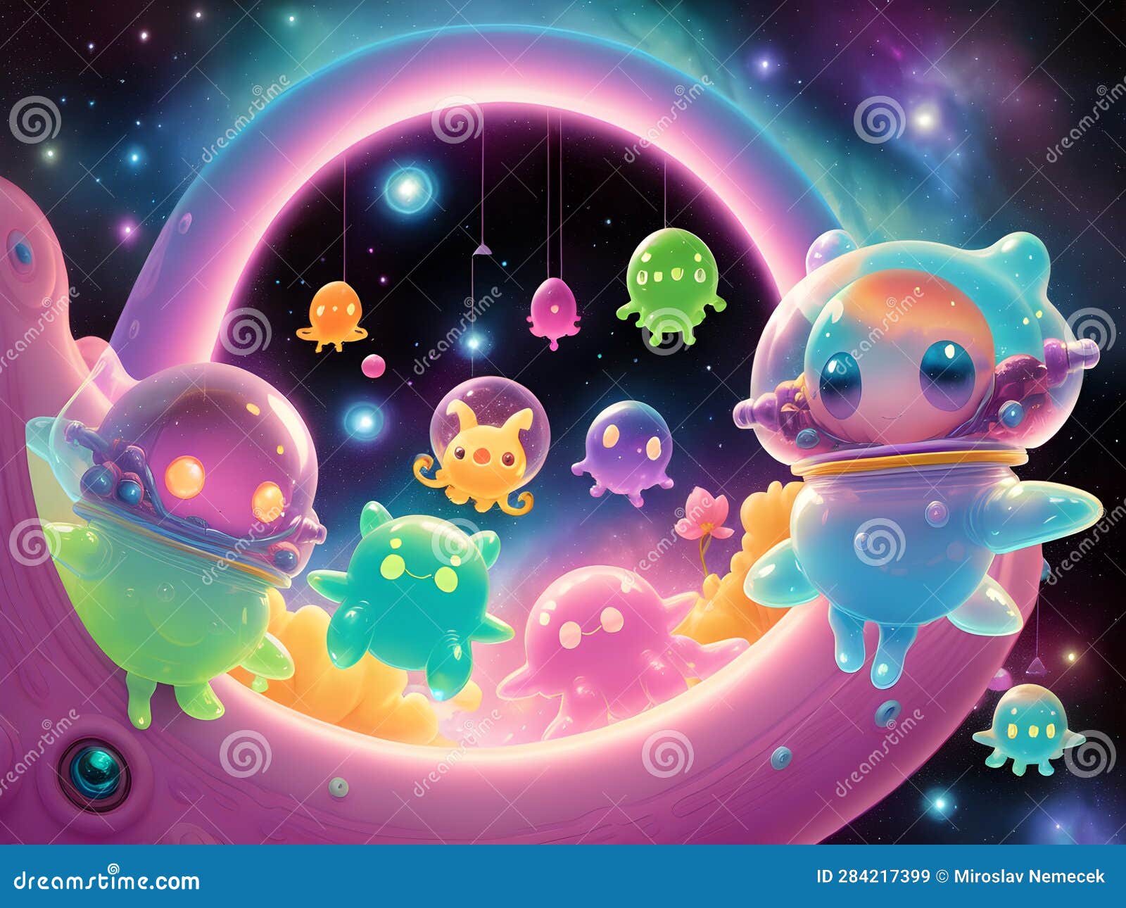 Cute Slime Creatures in Outerspace, Generative AI Illustration Stock ...