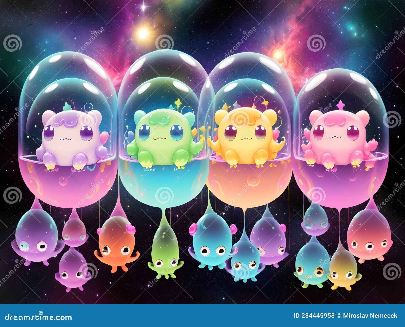 Cute Slime Creatures in Outerspace, Generative AI Illustration Stock ...