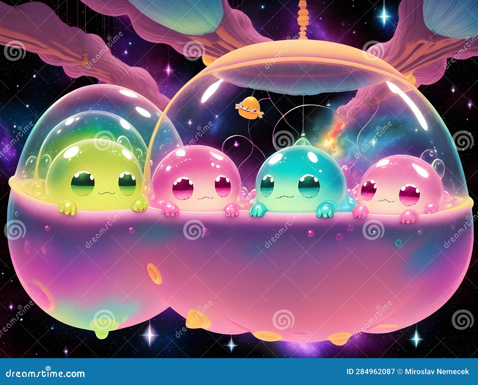 Cute Slime Creatures in Outerspace, Generative AI Illustration Stock ...