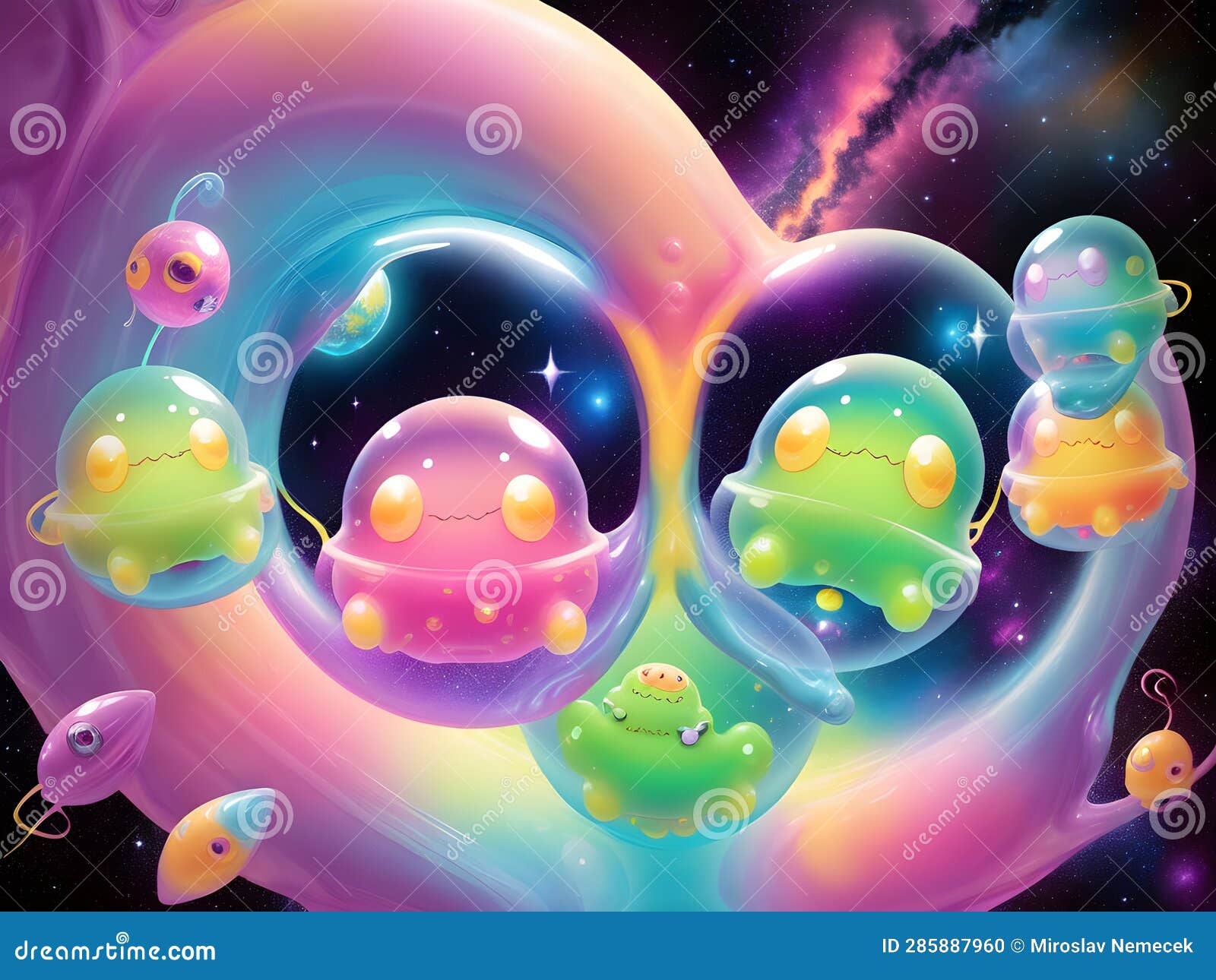 Cute Slime Creatures in Outerspace, Generative AI Illustration Stock ...