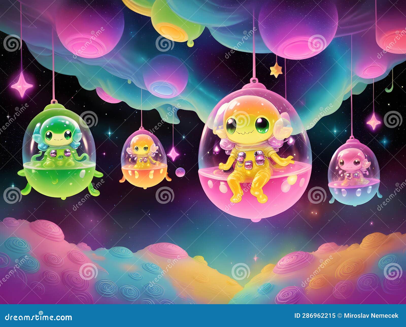 Cute Slime Creatures in Outerspace, Generative AI Illustration Stock ...
