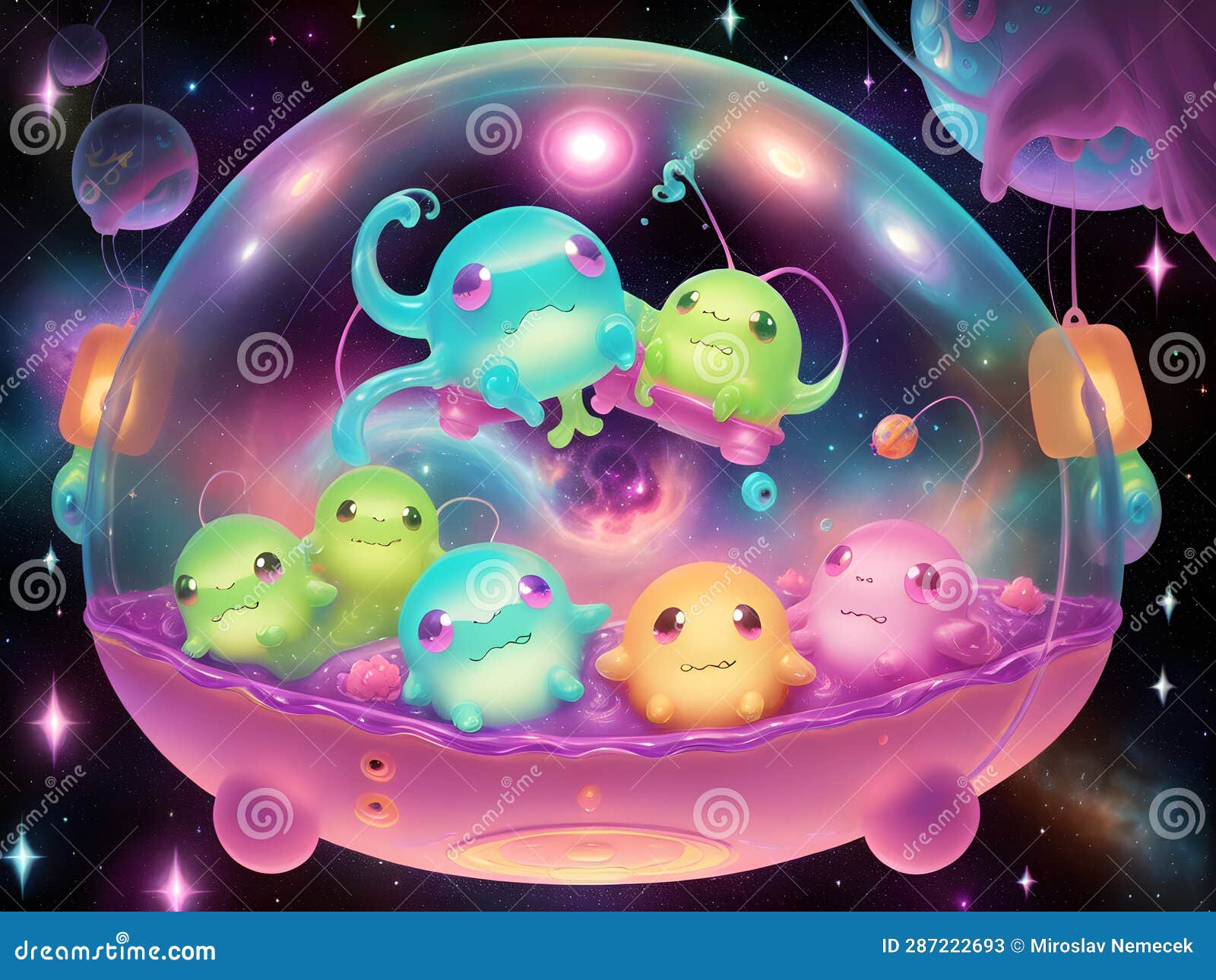 Cute Slime Creatures in Outerspace, Generative AI Illustration Stock ...