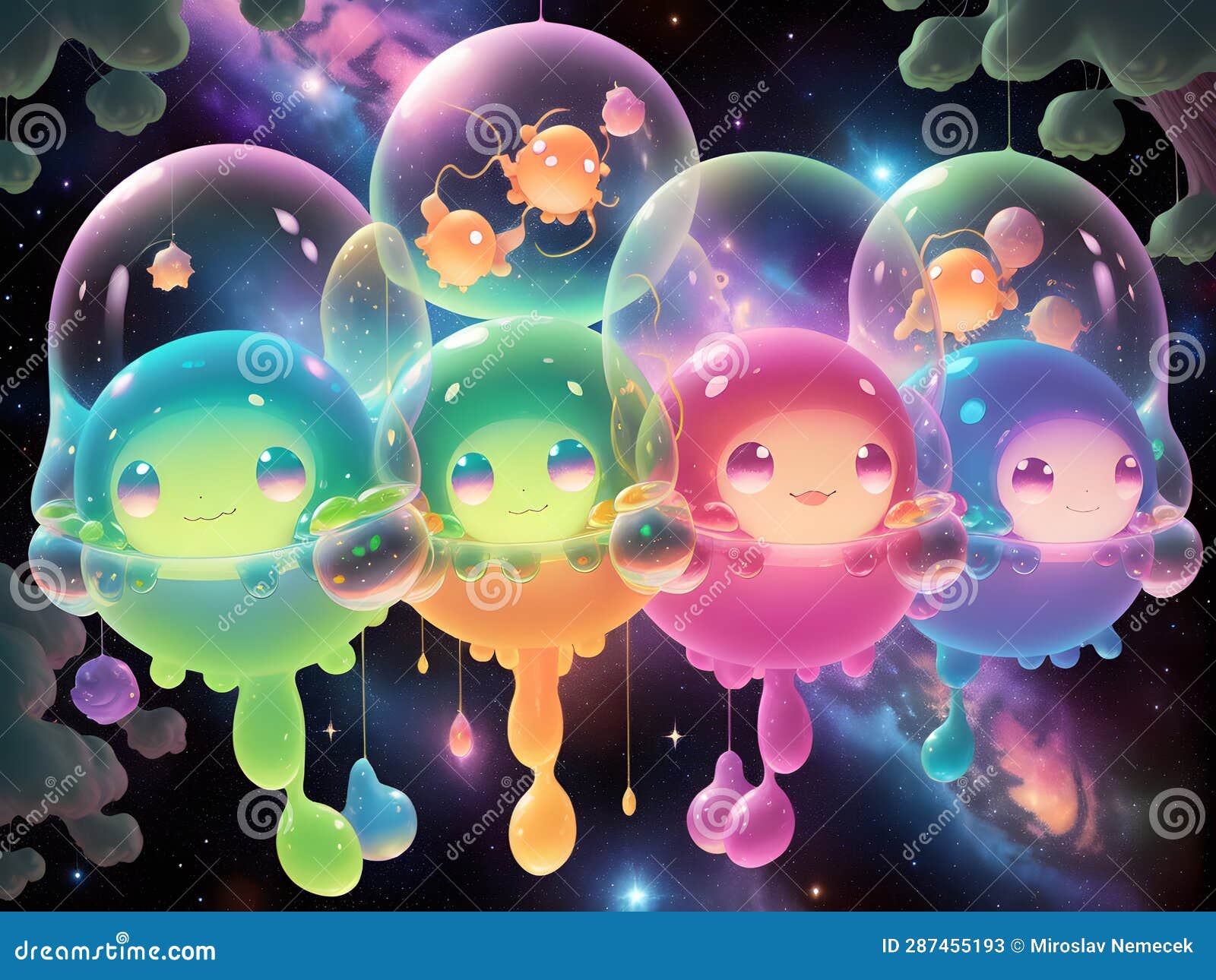 Cute Slime Creatures In Outerspace, Generative AI Illustration Royalty ...
