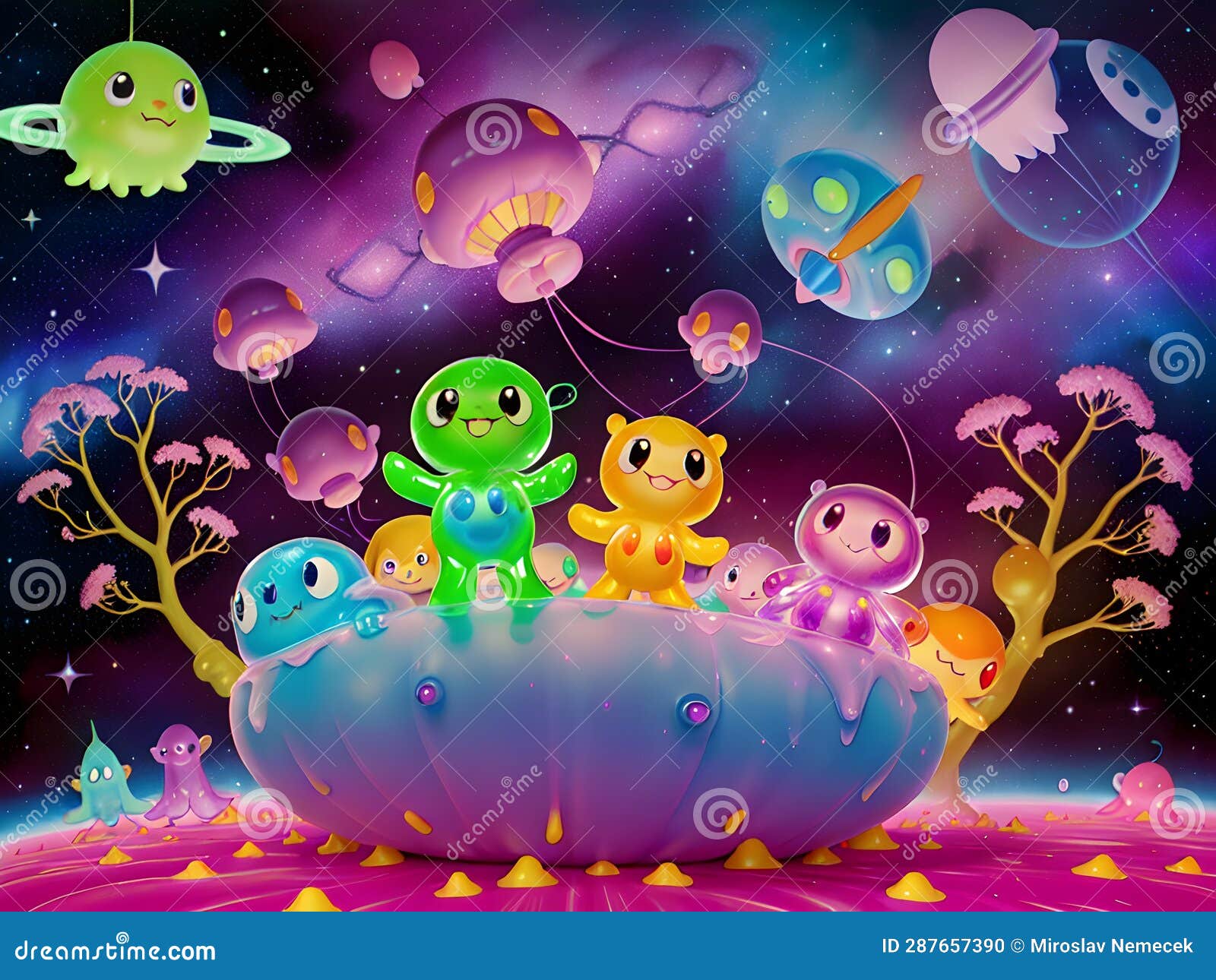 Cute Slime Creatures in Outerspace, Generative AI Illustration Stock ...