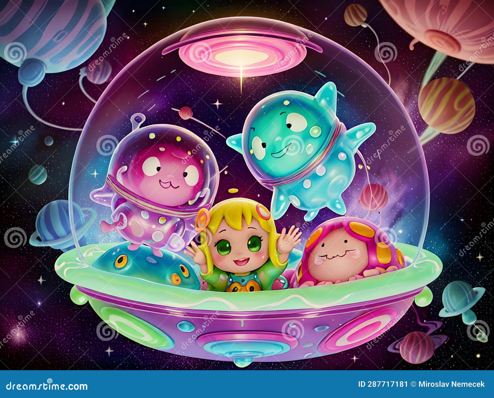 Cute Slime Creatures in Outerspace, Generative AI Illustration Stock ...