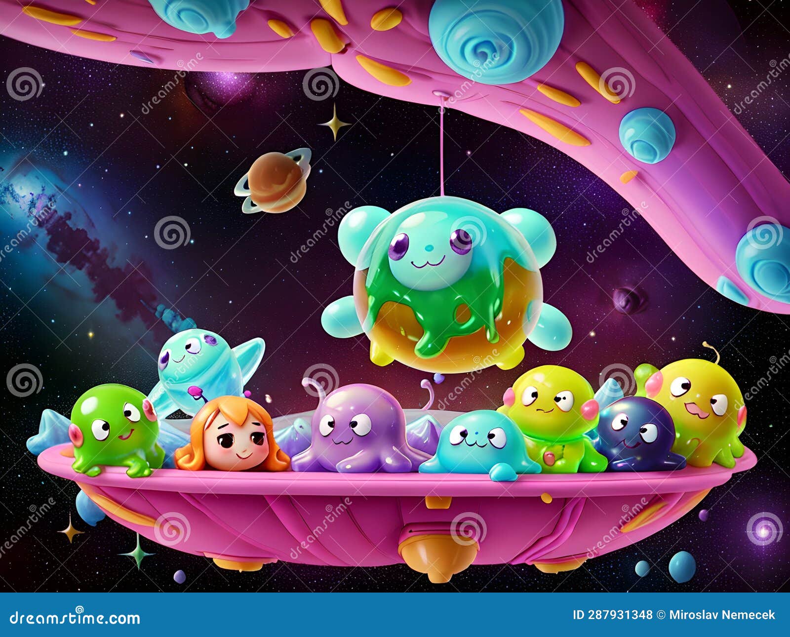 Cute Slime Creatures in Outerspace, Generative AI Illustration Stock ...