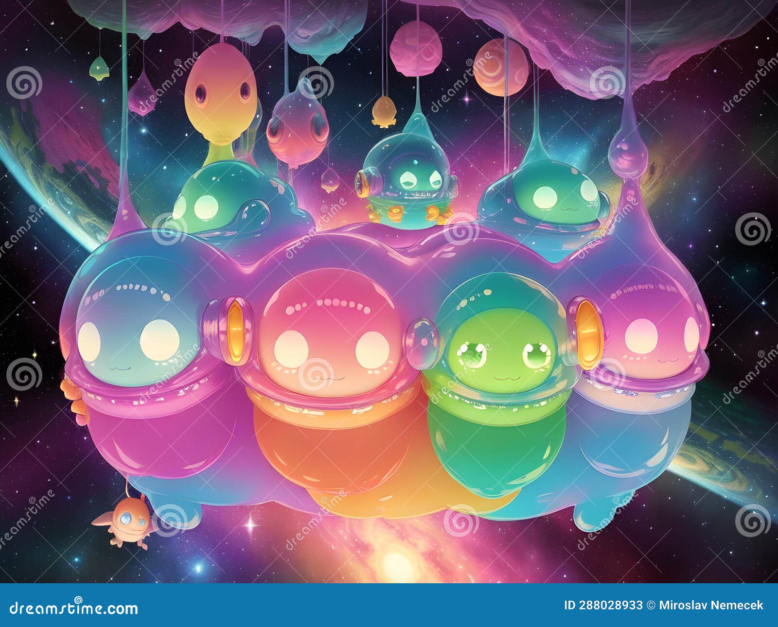 Cute Slime Creatures in Outerspace, Generative AI Illustration Stock ...