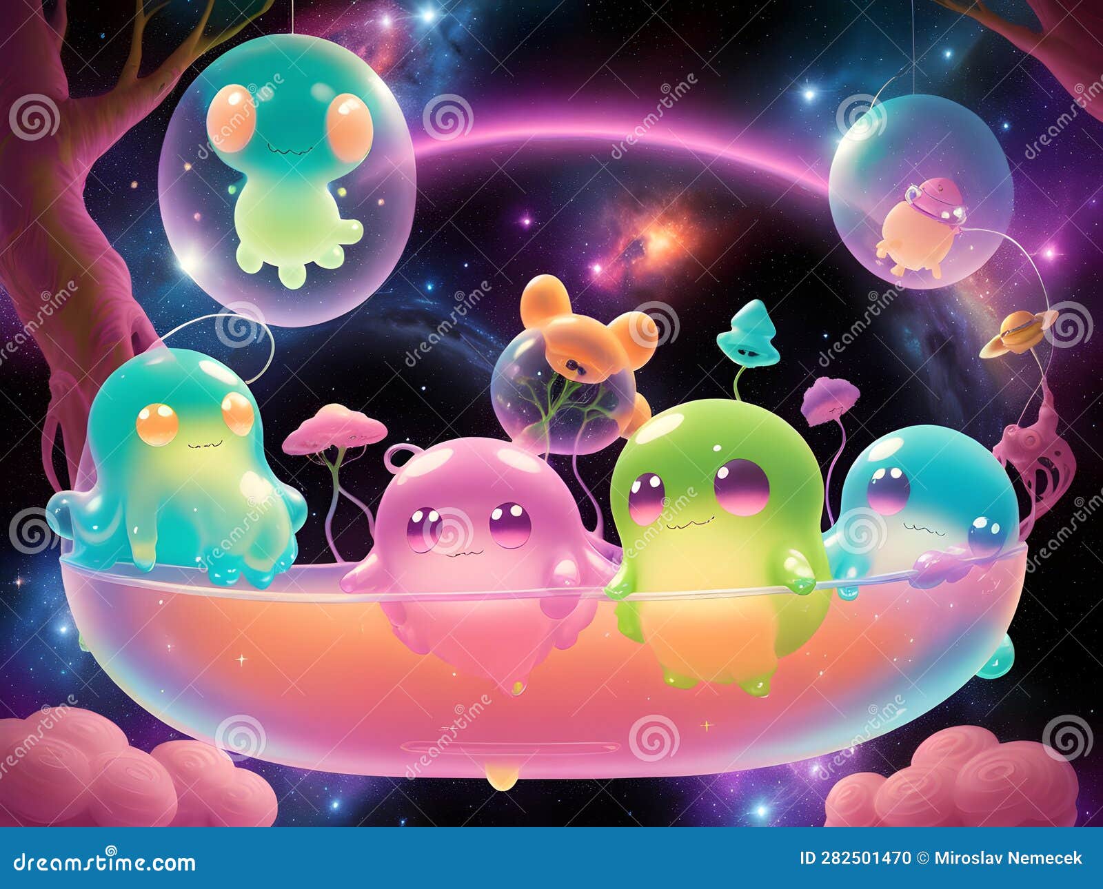 Cute Slime Creatures in Outerspace, Generative AI Illustration Stock ...