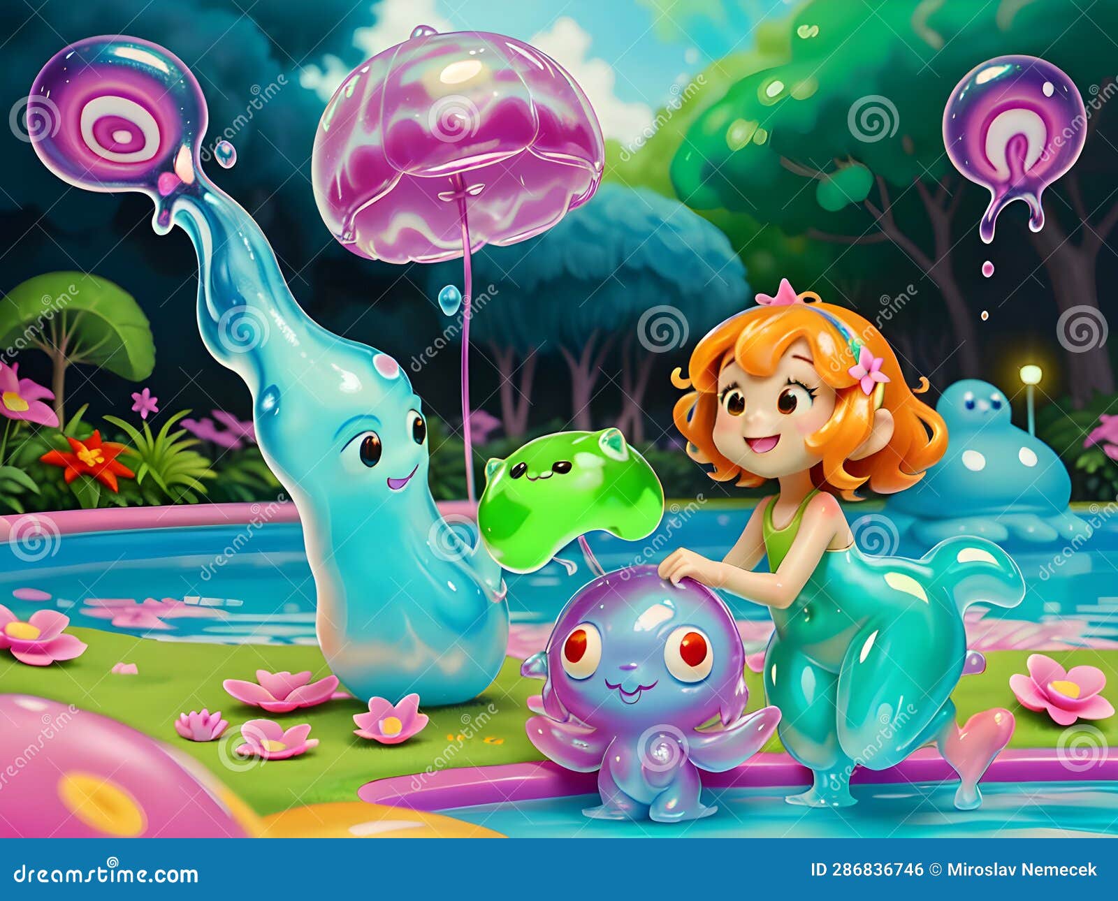 Cute Slime Creatures on Swimming Pool, Generative AI Illustration Stock ...