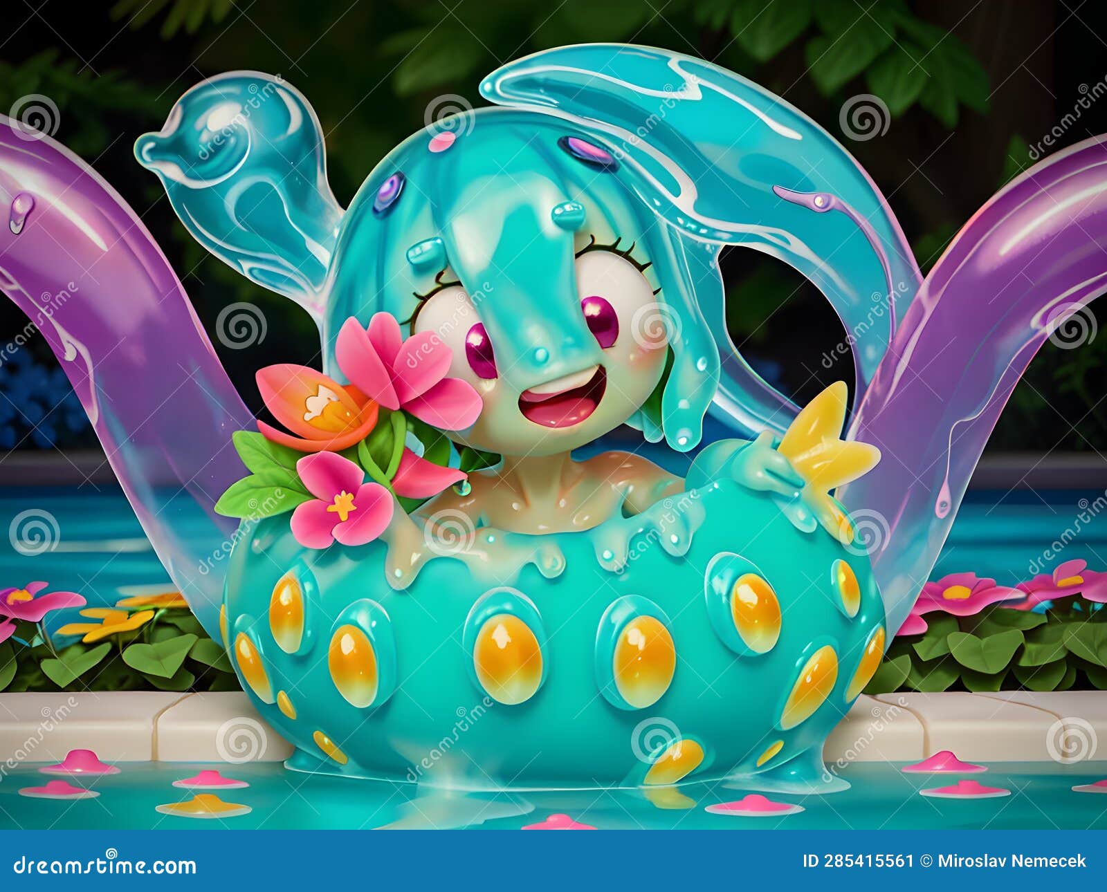 Cute Slime Creatures on Swimming Pool, Generative AI Illustration Stock ...