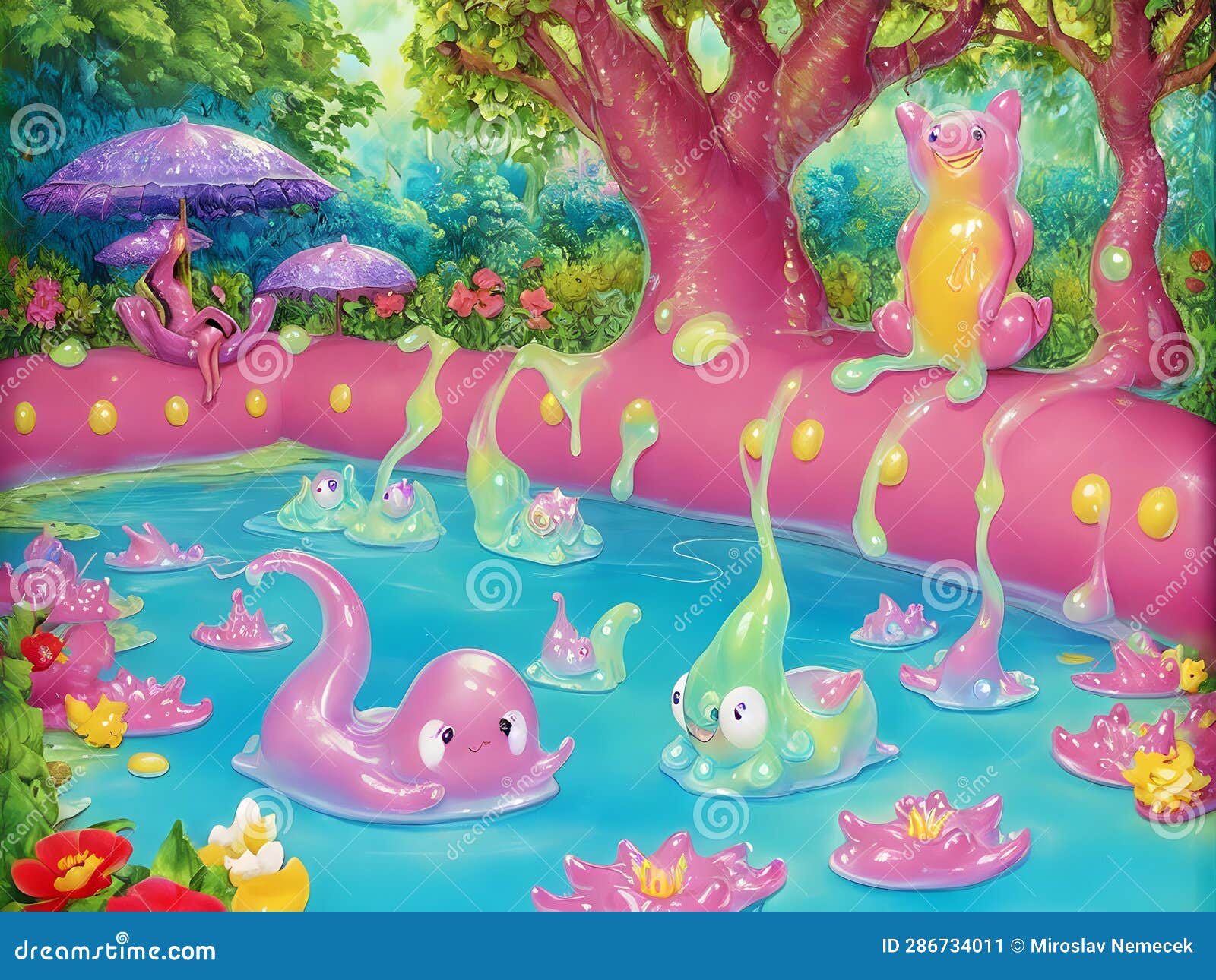 Cute Slime Creatures on Swimming Pool, Generative AI Illustration Stock ...