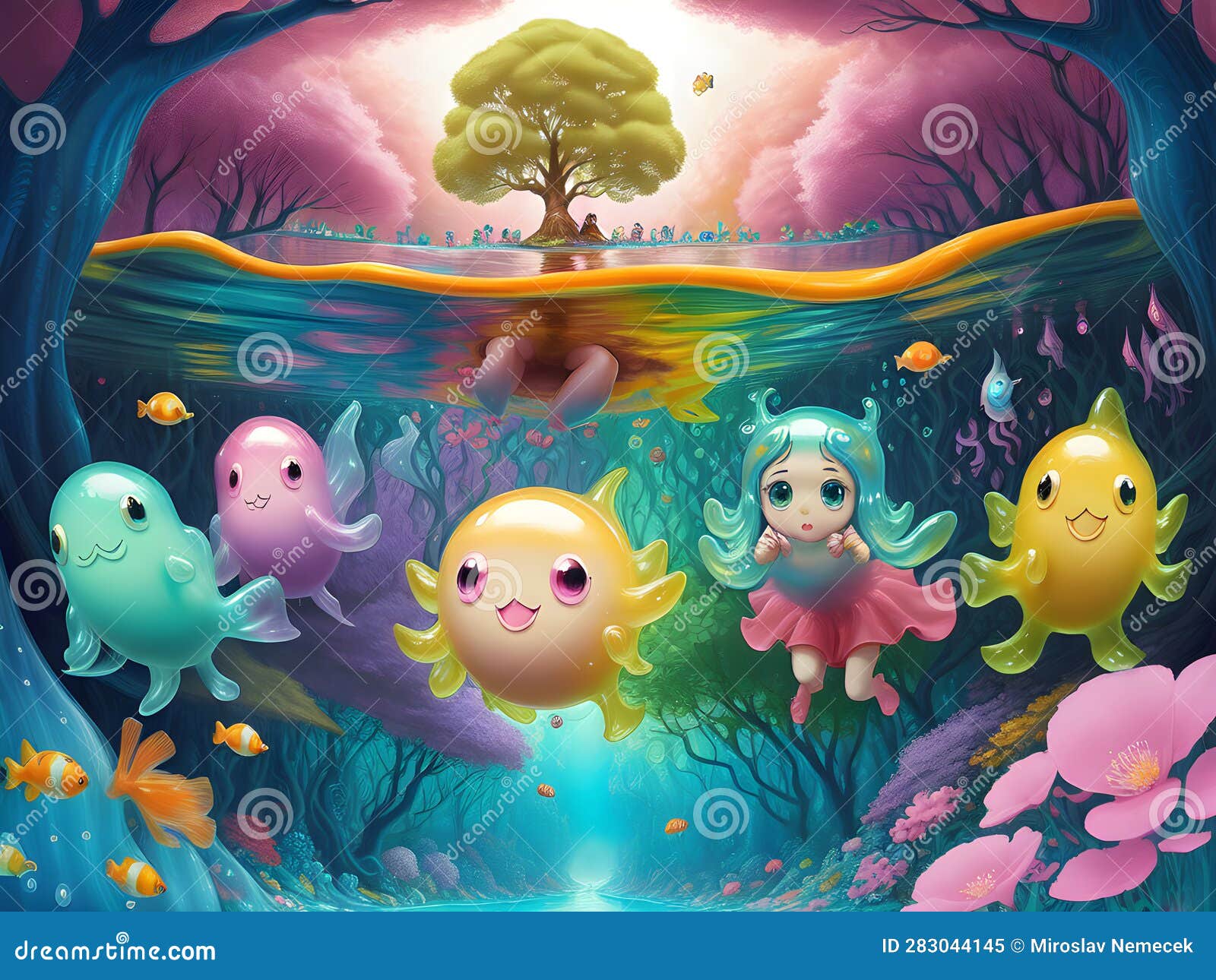 Cute Slime Creatures in Water, Generative AI Illustration Stock ...