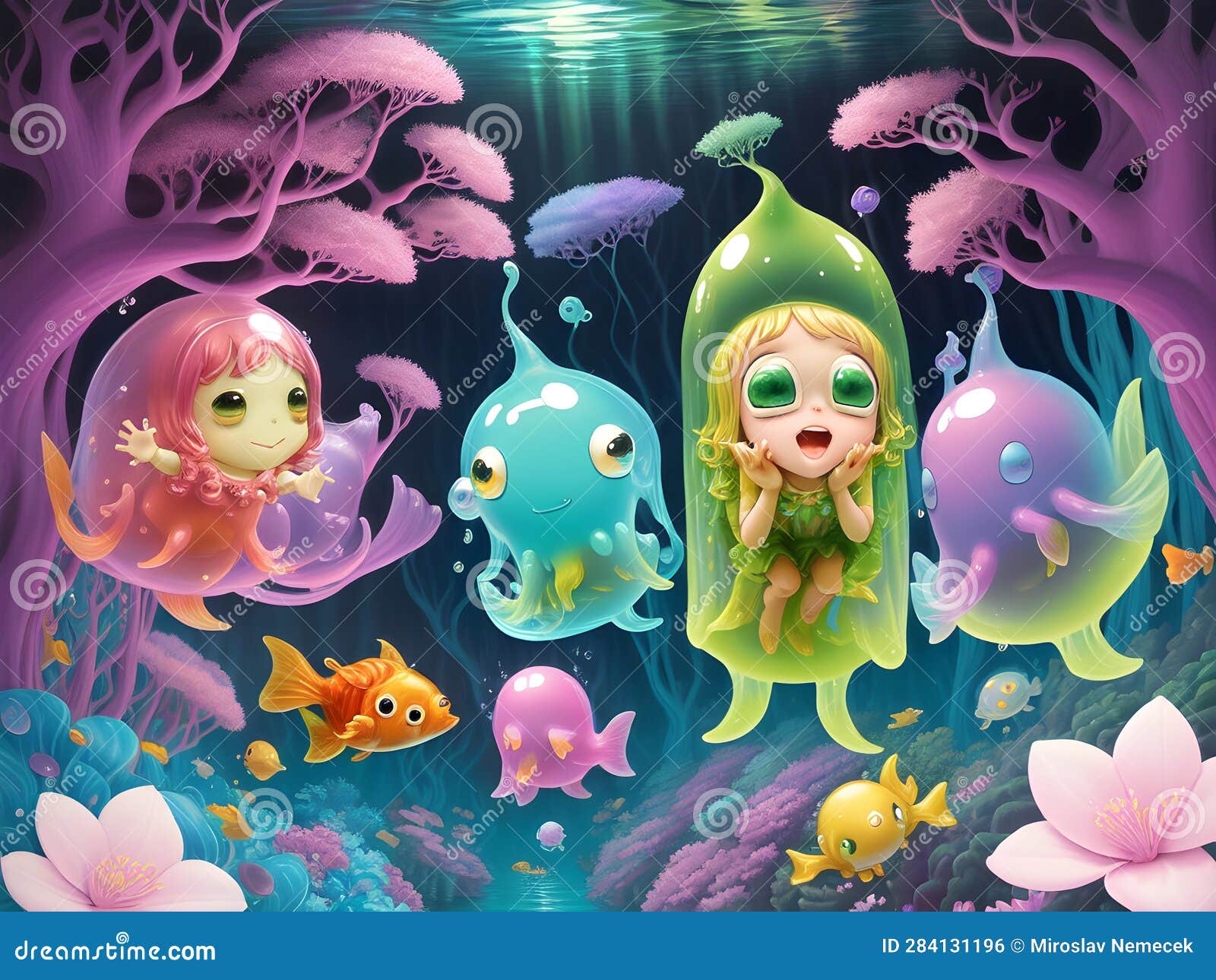 Cute Slime Creatures in Water, Generative AI Illustration Stock ...