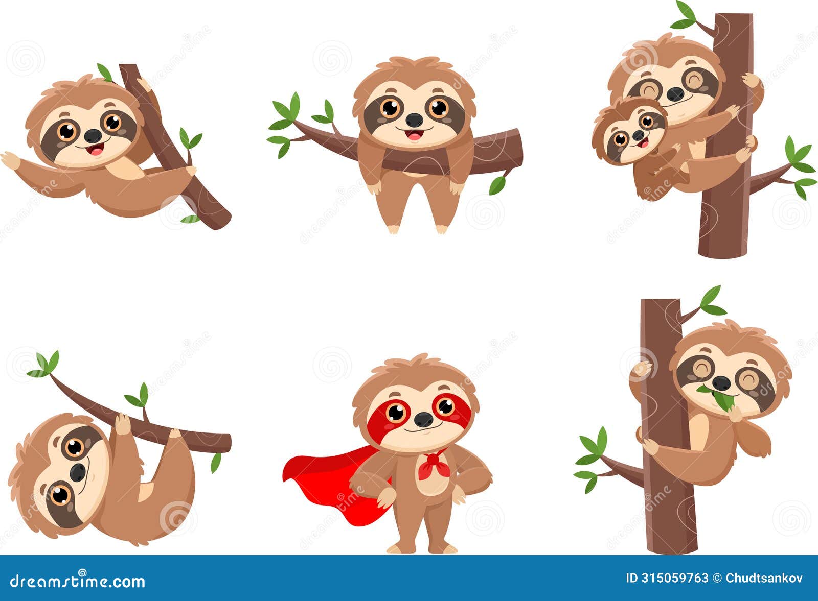 Cute Sloth Cartoon Characters. Vector Flat Design Collection Set Stock ...