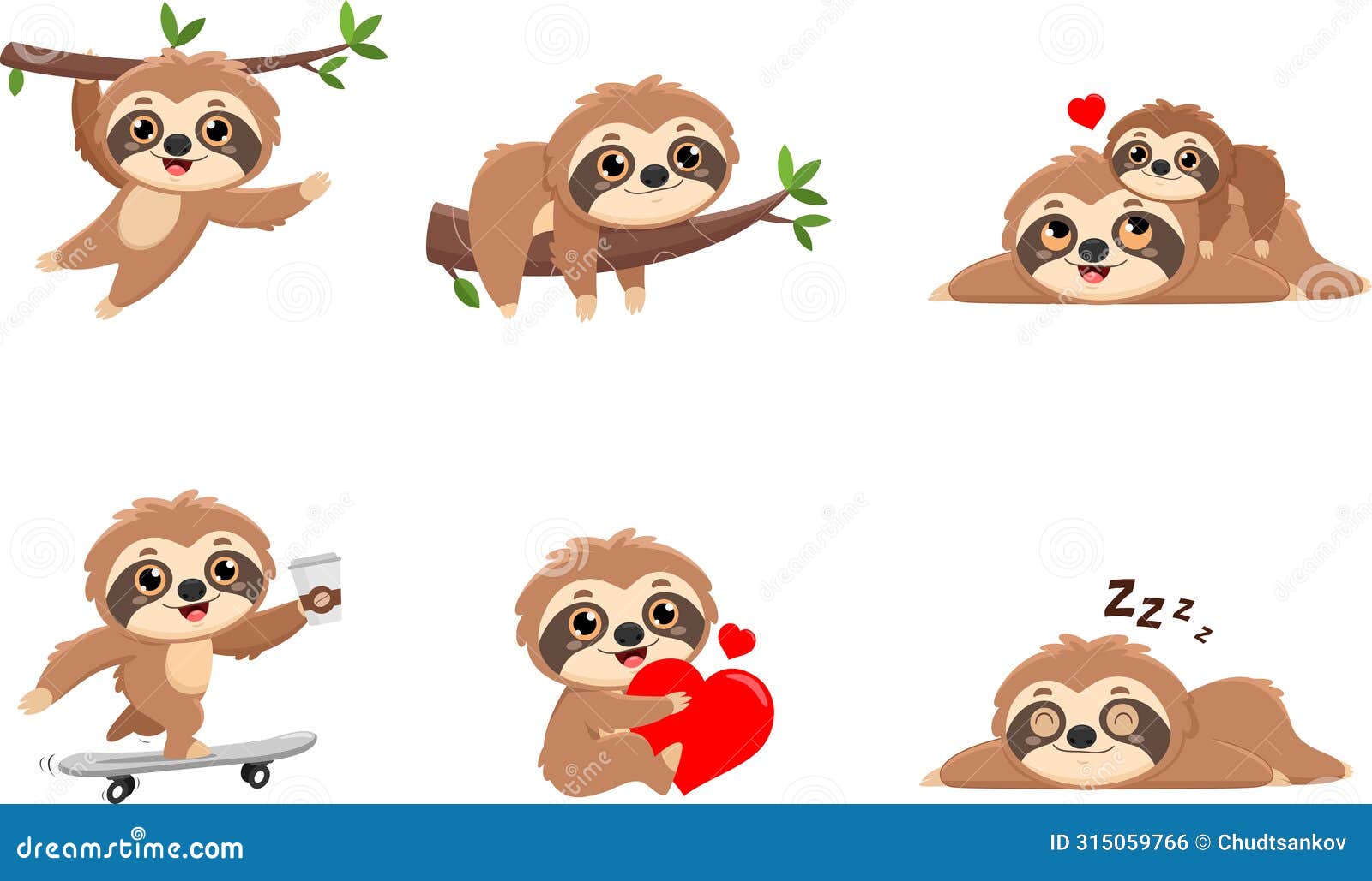 Cute Sloth Cartoon Characters. Vector Flat Design Collection Set Stock ...