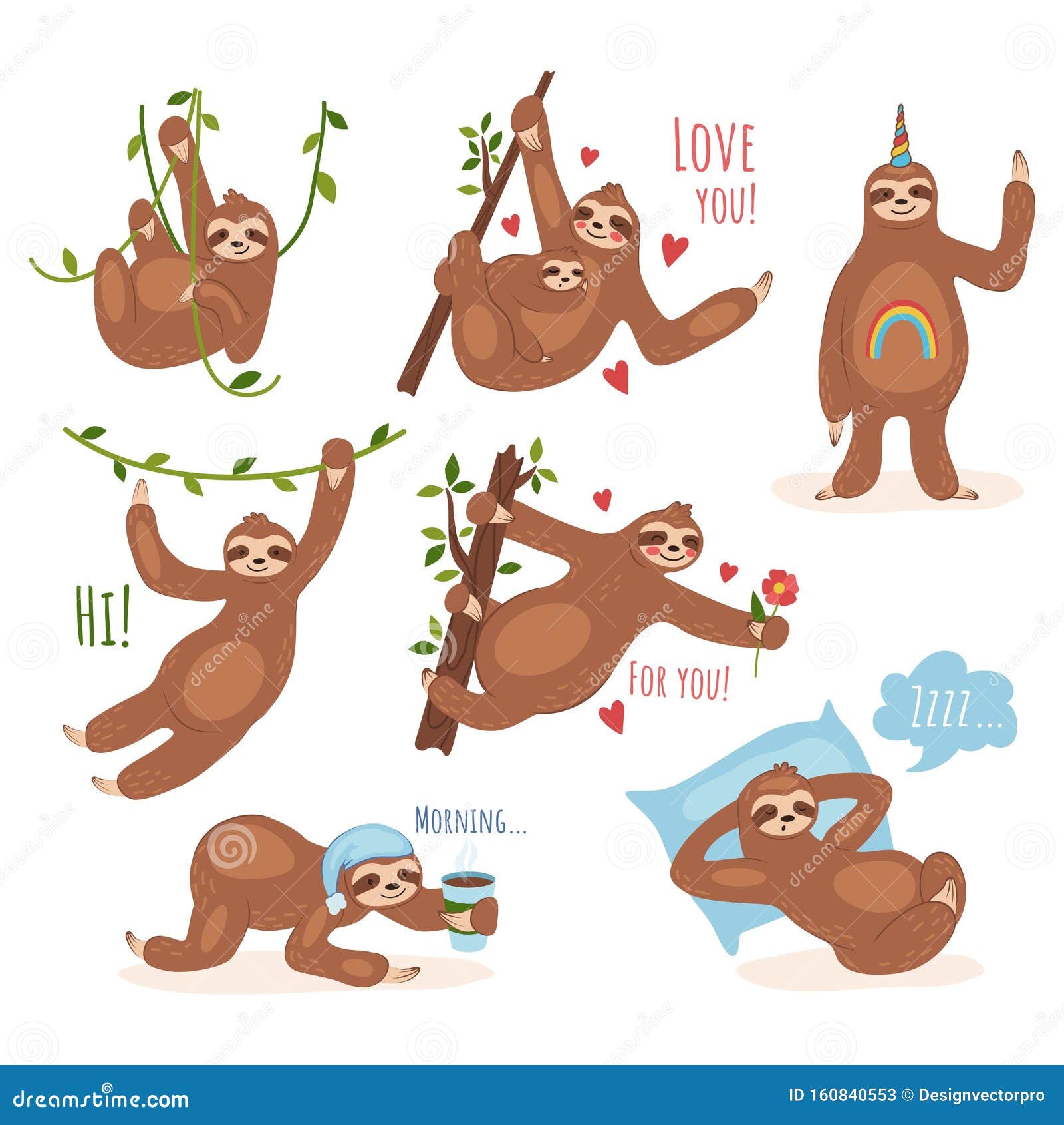 Cute Sloth Character Performing Different Activities Set Stock Vector ...