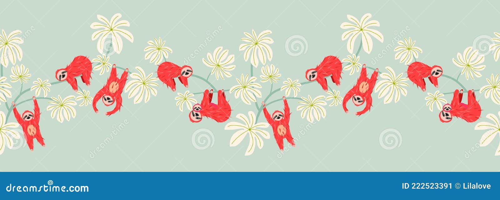 Cute Sloth on Floral Tree Pattern Design. Seamless Border Background ...