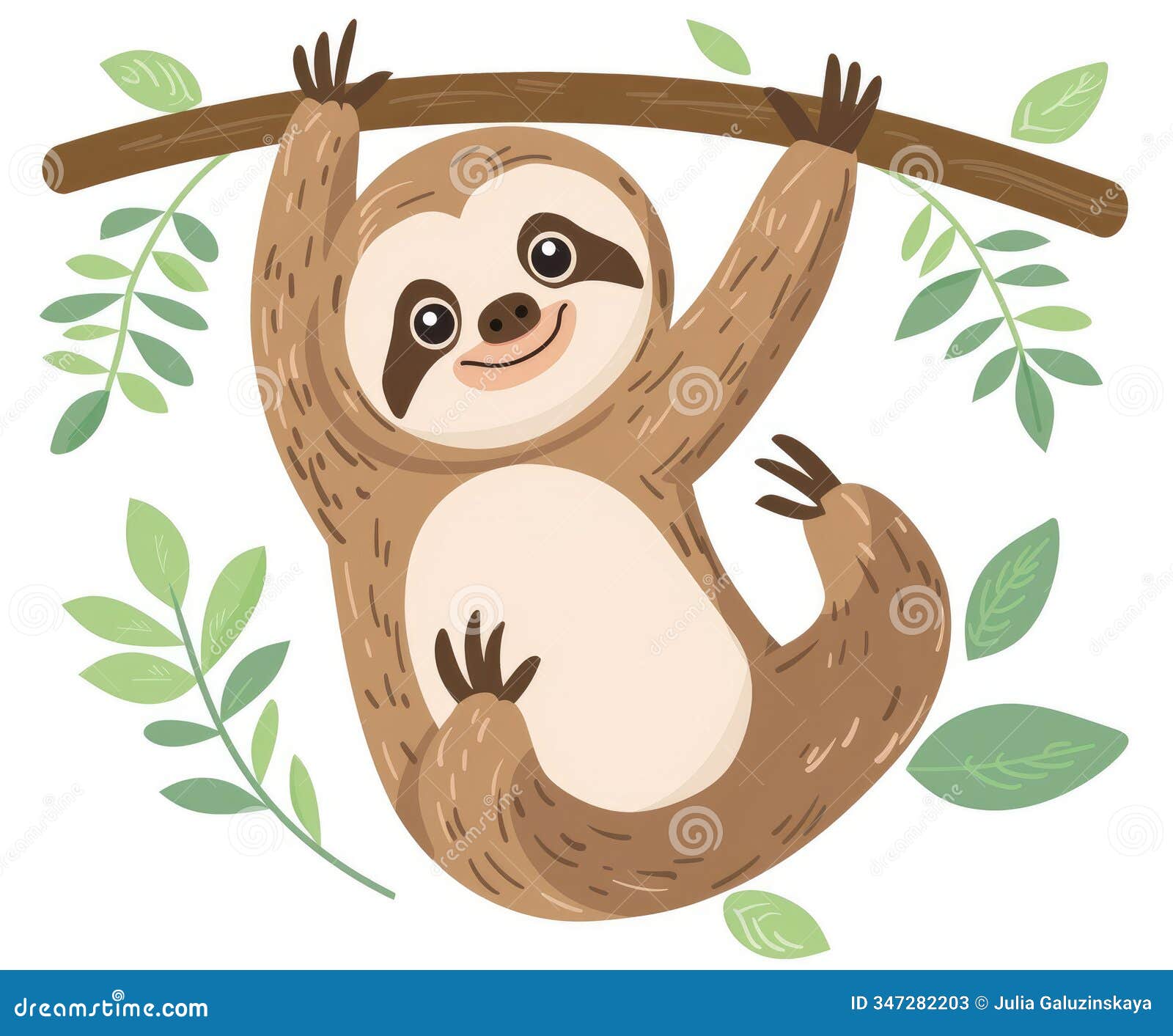Cute Sloth Hanging on the Branch. Cartoon Flat Illustration Stock ...