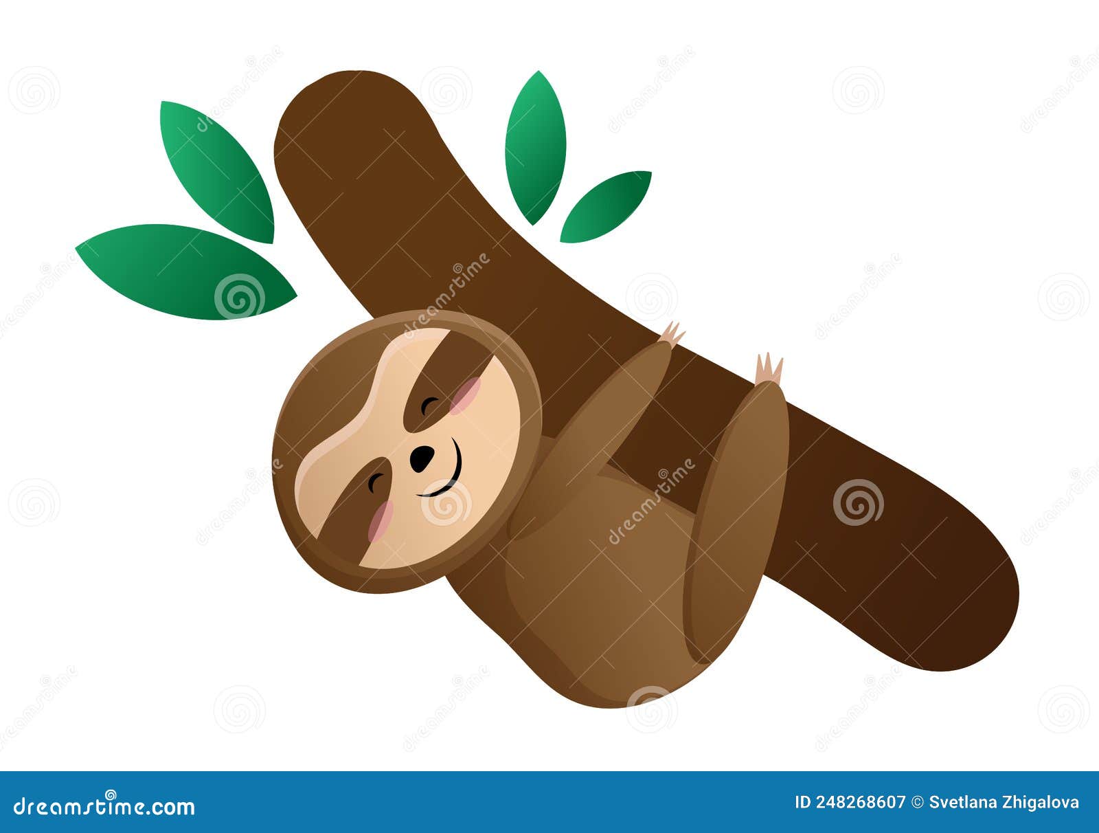 Cute Sloth Hanging on a Tree. Vector Cartoon Character Hugs a Tree and ...