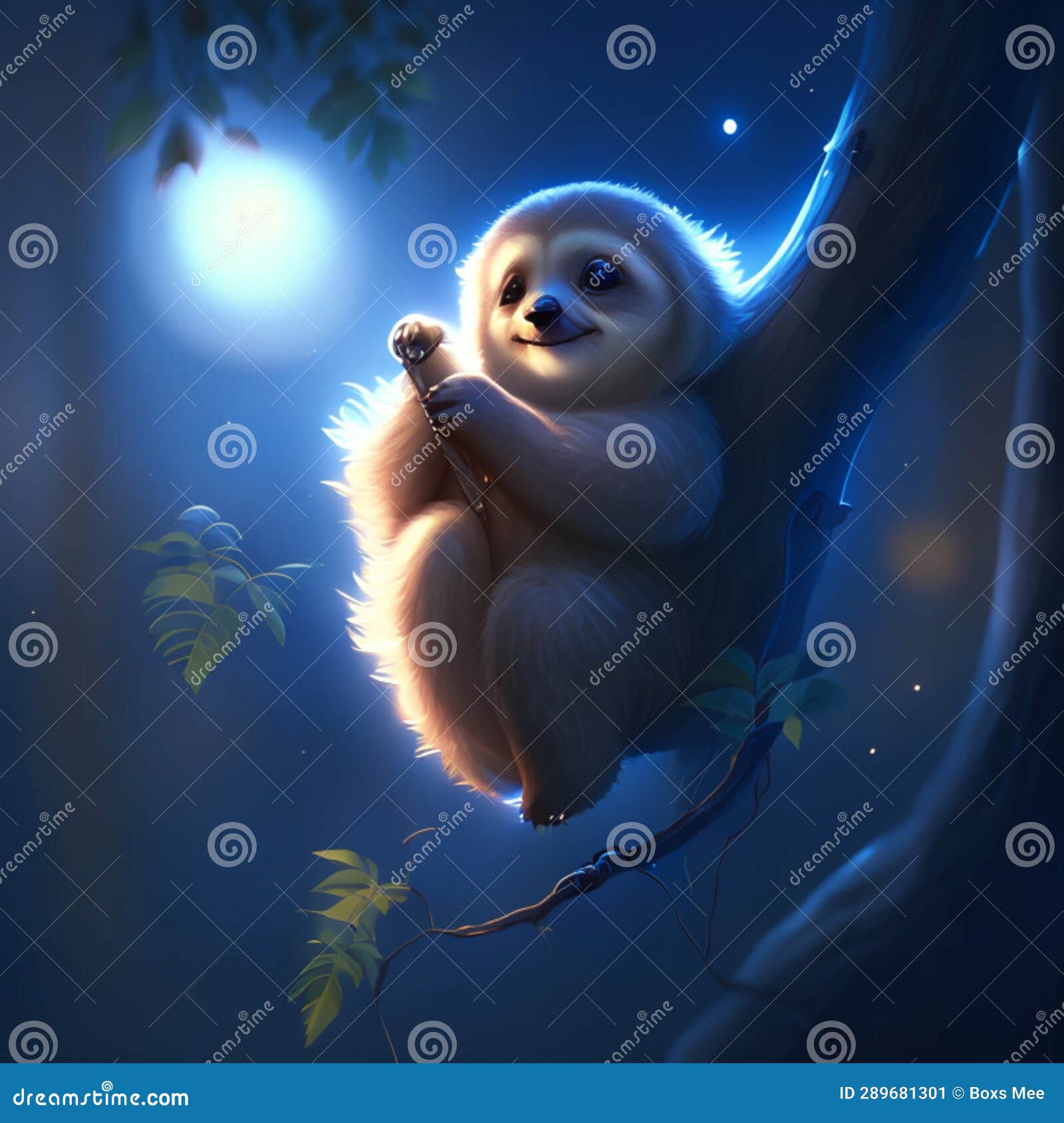 Cute Sloth Sitting on a Tree and Looking at the Moon AI Generated Stock ...