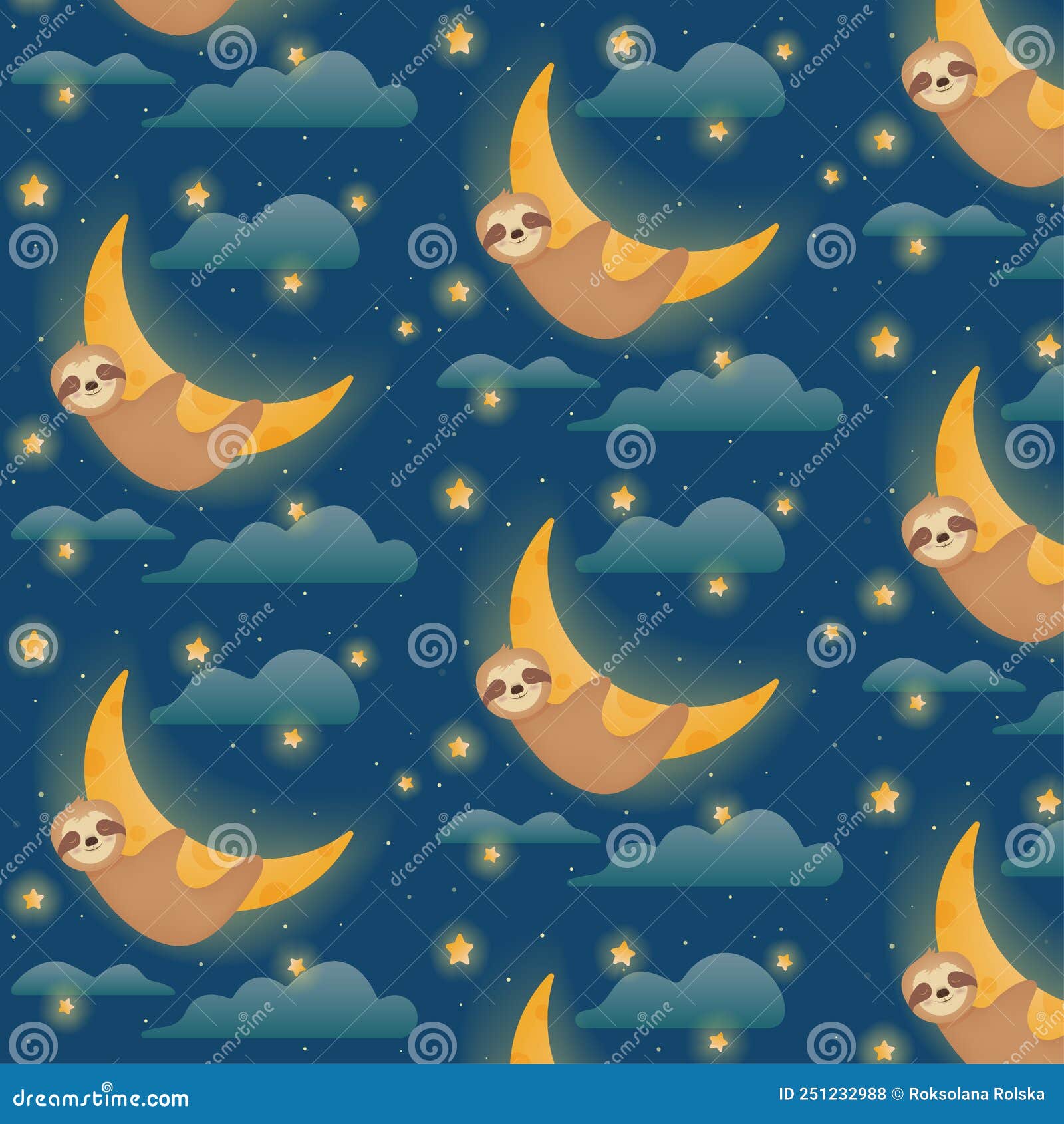 Cute Sloth in Space Sleeping on the Shiny Moon, Cosmic Seamless Pattern ...