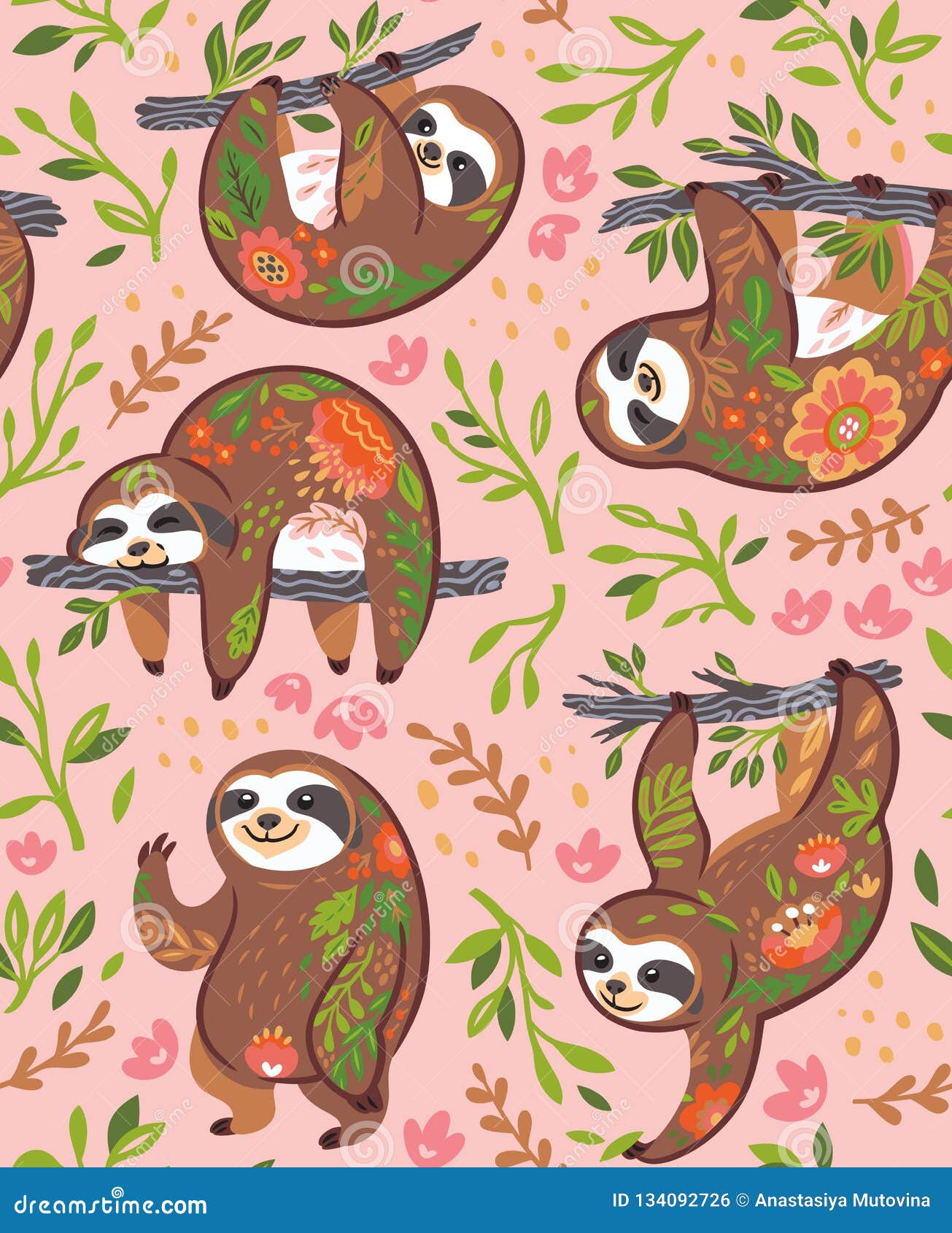 Cute Sloths with Floral Ornament in the Jungle. Vector Seamless Pattern ...