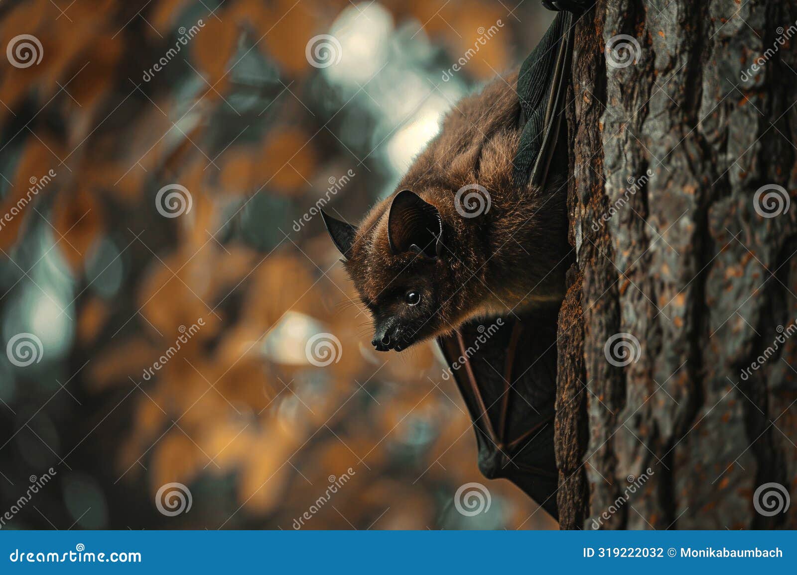 Small bat clinging to tree stock photo. Image of dark - 319222032