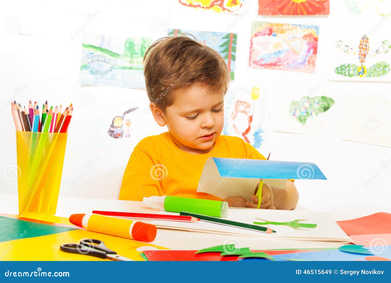 Cute Small Boy Crafting and Sitting at the Table Stock Image - Image of ...