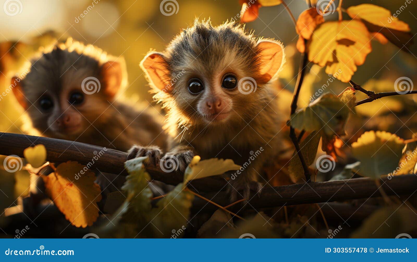 Cute Small Monkey Sitting on Branch, Looking at Autumn Forest Generated ...