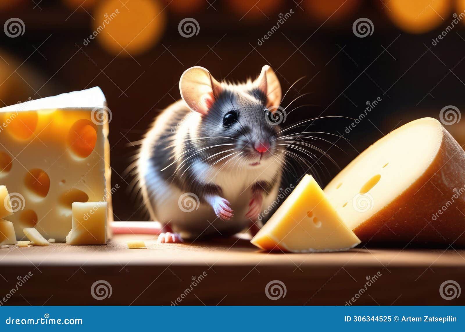 Cute Small Mouse Eating Cheese on Table, Close Up Stock Illustration ...