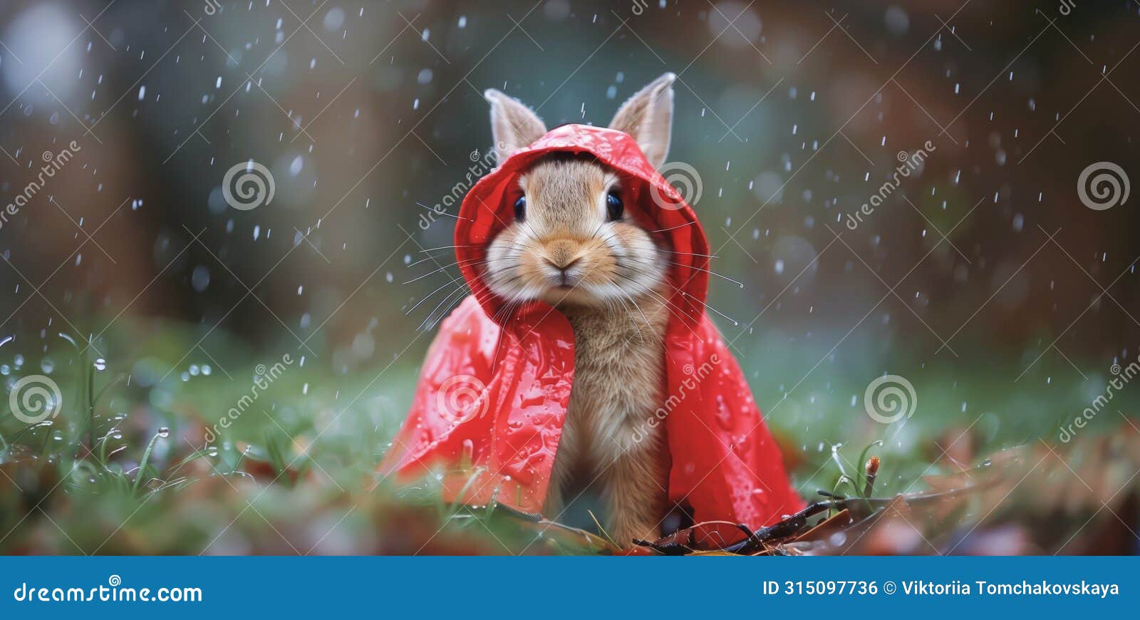 A Cute Small Rabbit Wearing a Red Raincoat. Protecting from Rain ...