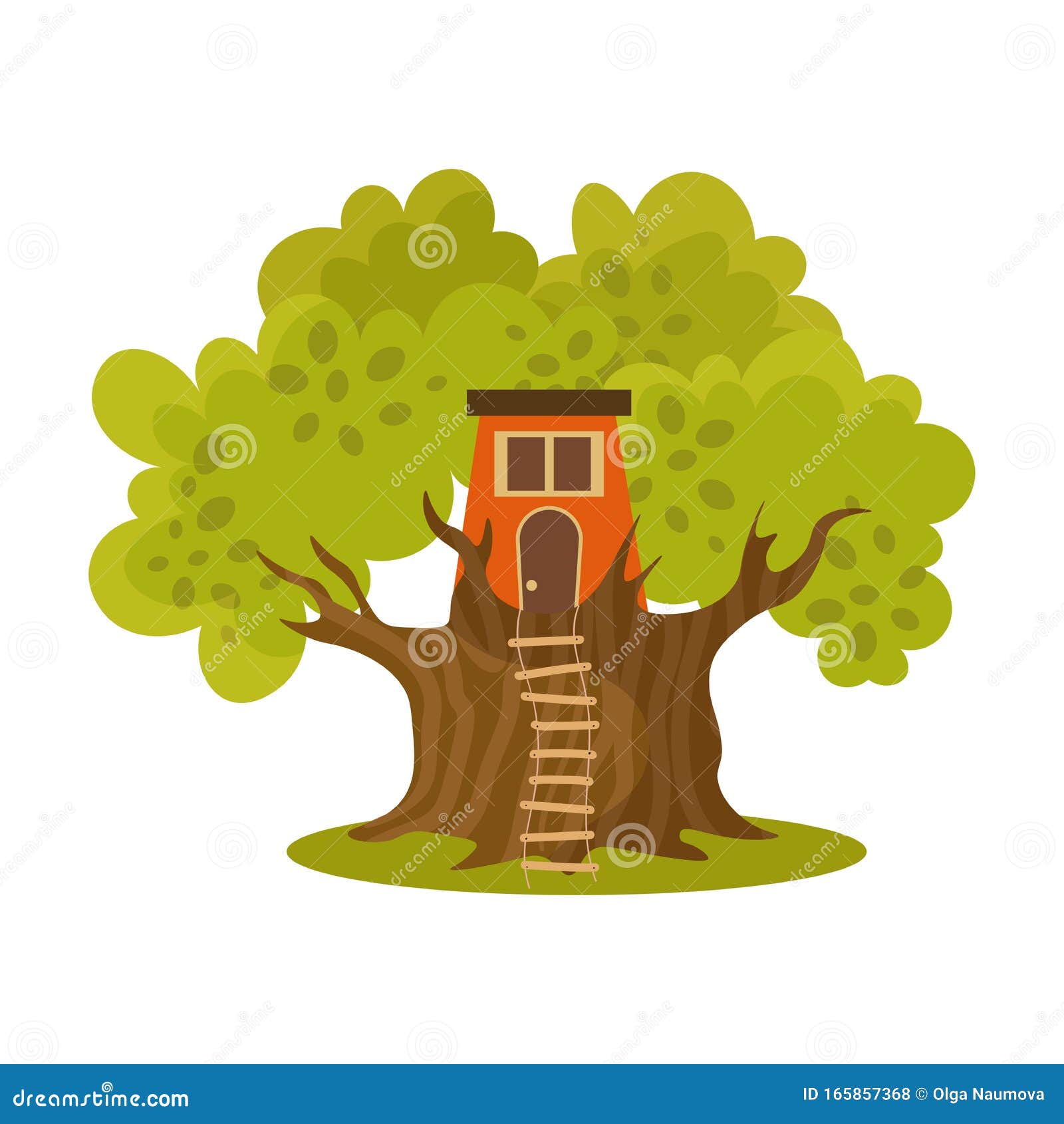 Cute Small Red Treehouse with Two Windows and Stairs. Vector ...