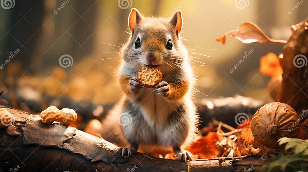 Cute Small Rodent Sitting on a Tree Eating a Nut Stock Photo - Image of ...