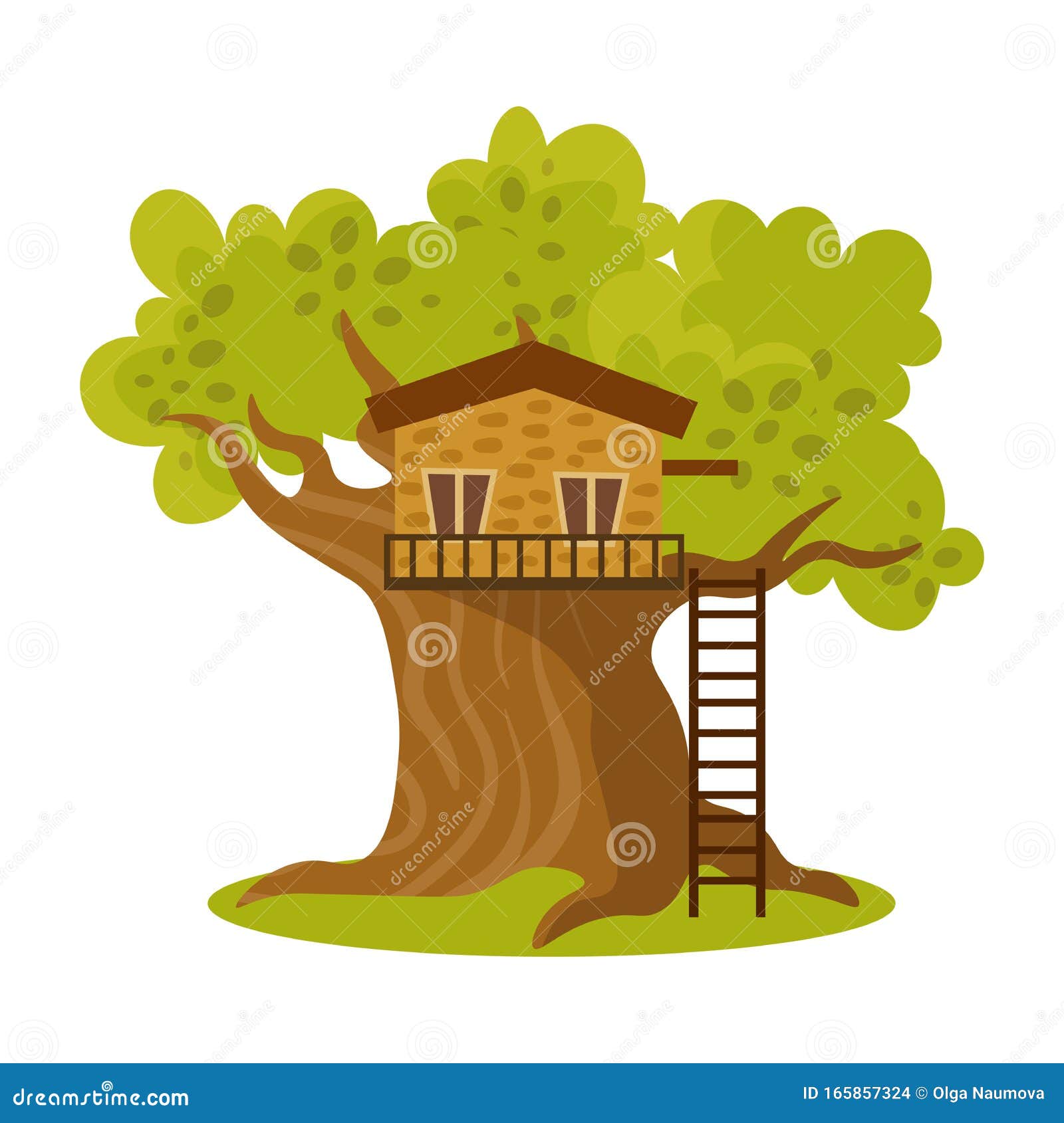 Cute Small Treehouse with Two Windows and Stairs. Vector Illustration ...