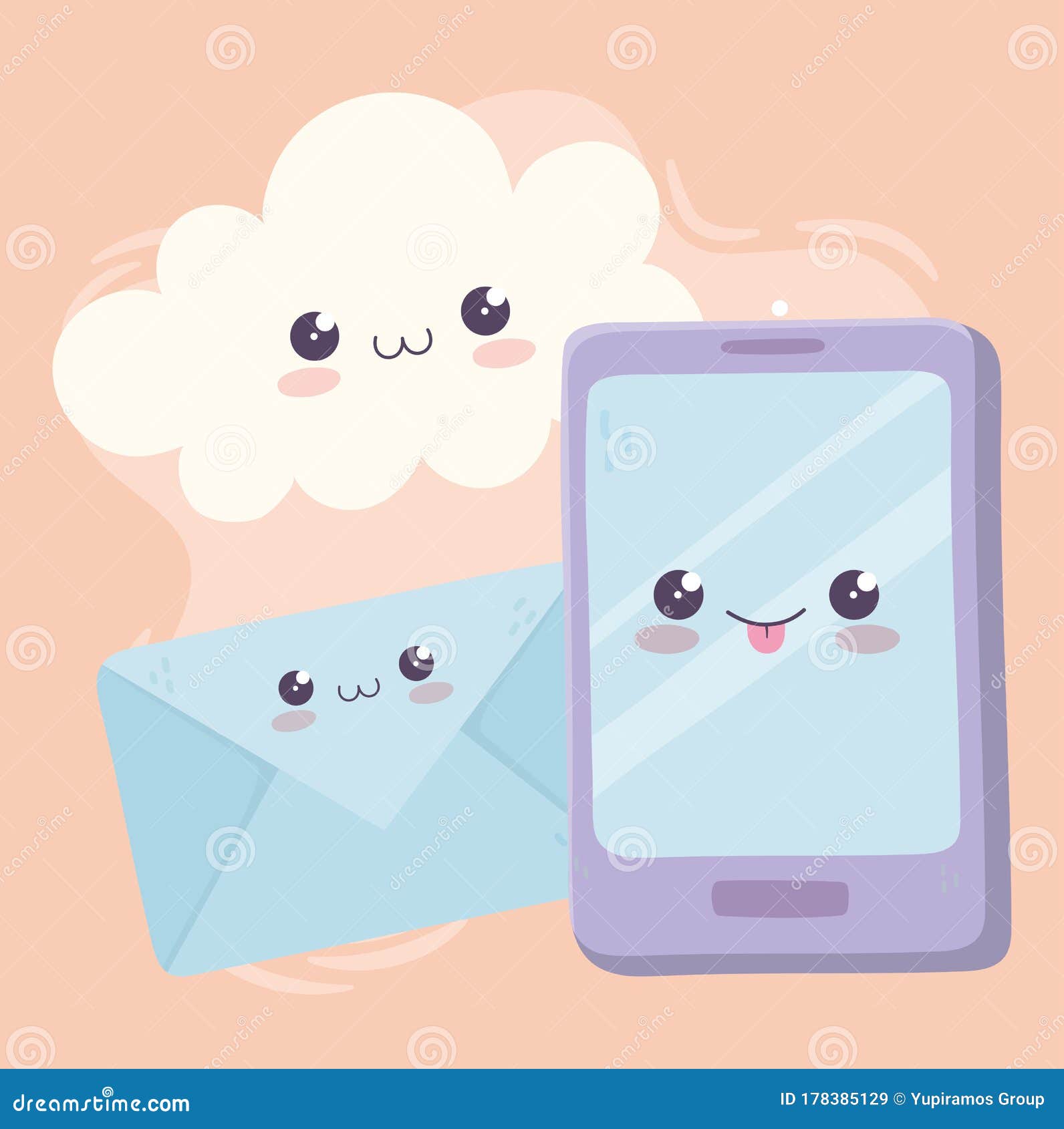 Cute Smartphone Mail Cloud Kawaii Cartoon Character Stock Vector ...