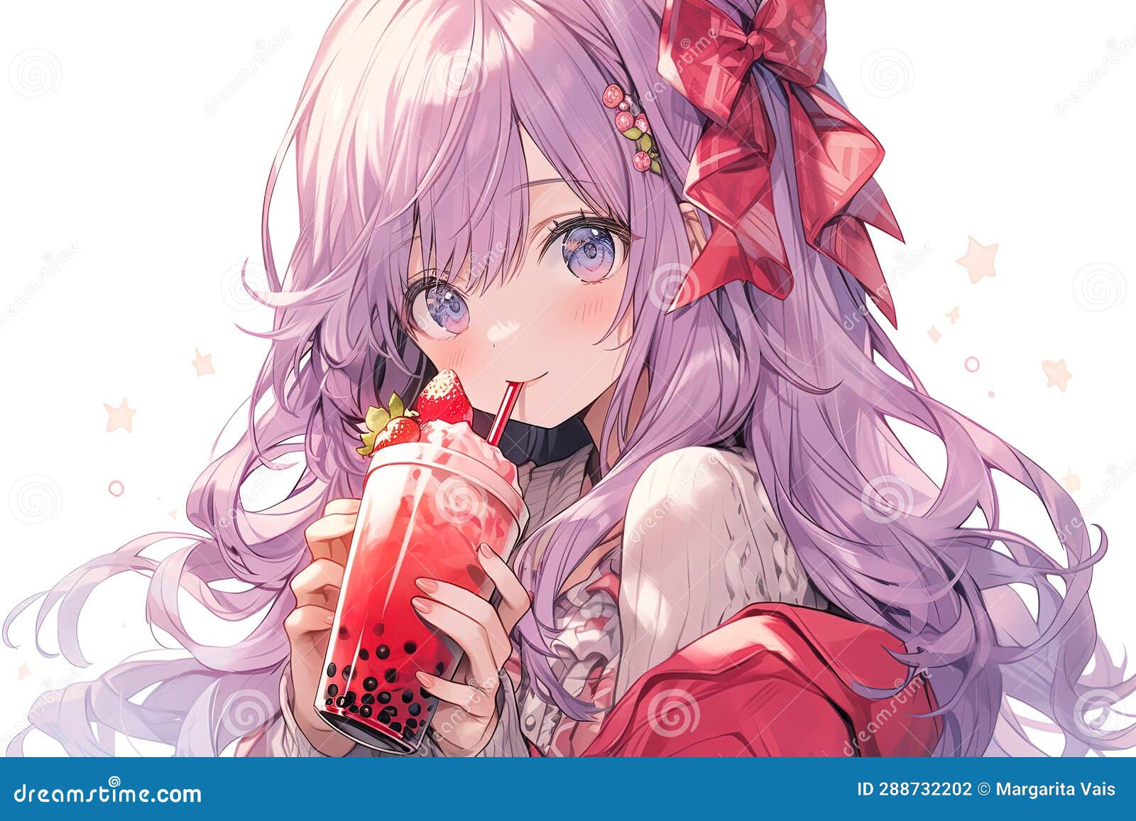 Cute Smiling Anime Girl With Purple Hair Drinking Strawberry Smoothie Stock Illustration