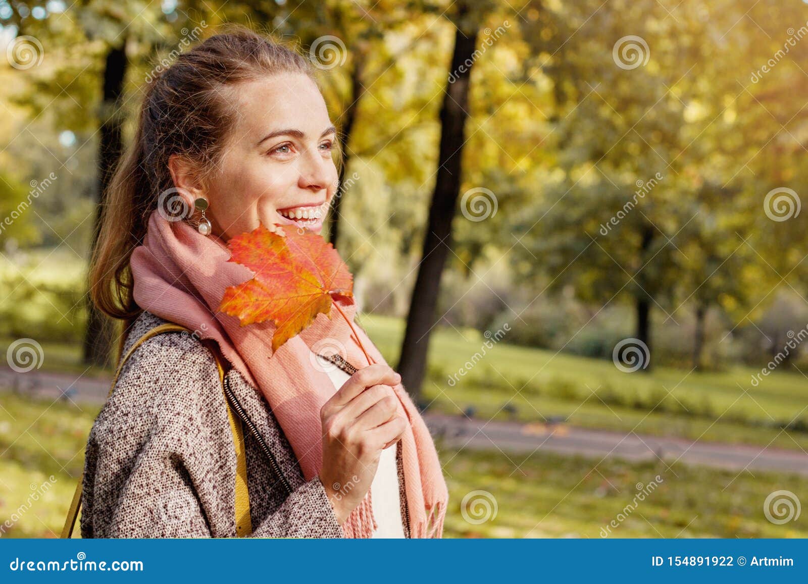 Cute Smiling Autumn Woman Holding Red Maple Leaf Outdoors Romantic