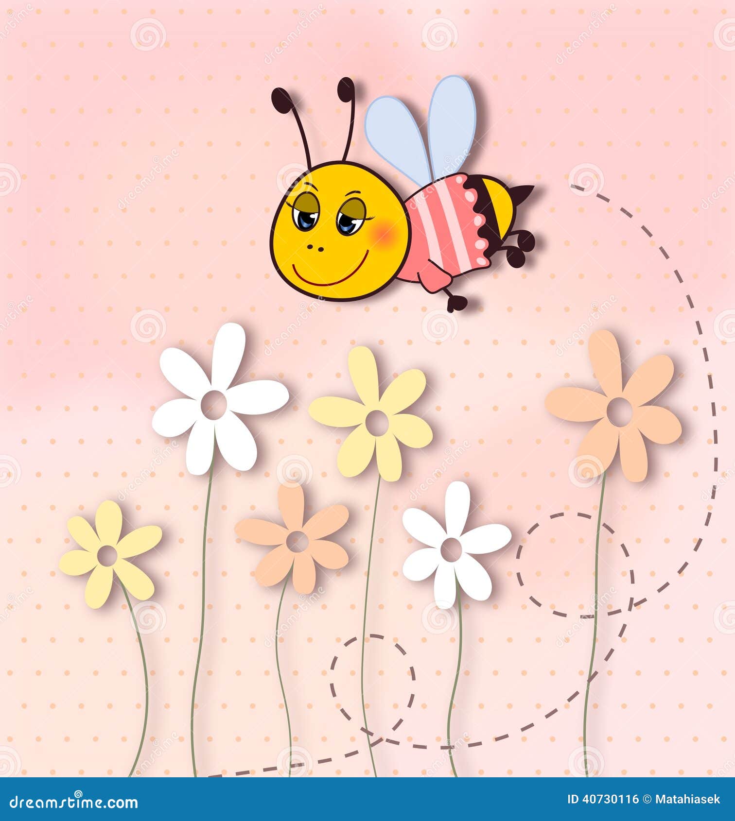 Cute Smiling Bee with Flowers-dots Background Stock Illustration ...