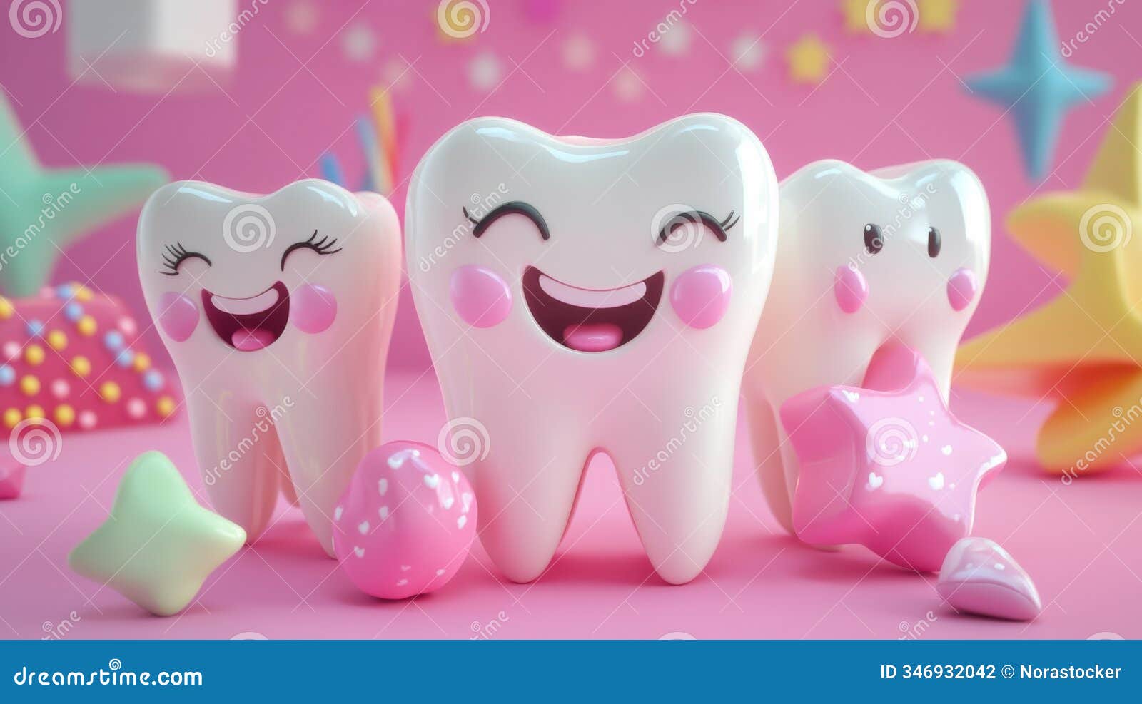 Cute Smiling 3d Tooth Characters Composition Background Picture Stock ...