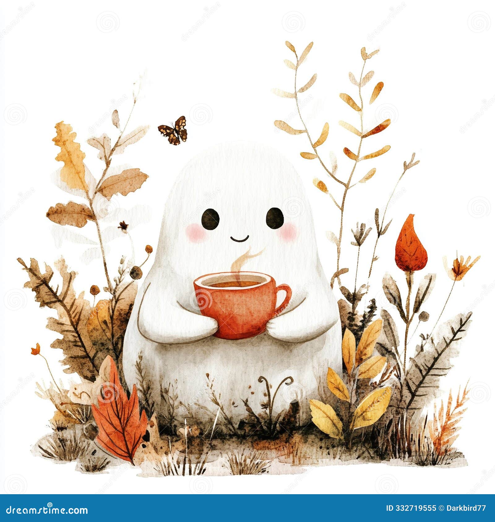 Cute Smiling Ghost with Cup of Tea in the Illustration Style for ...
