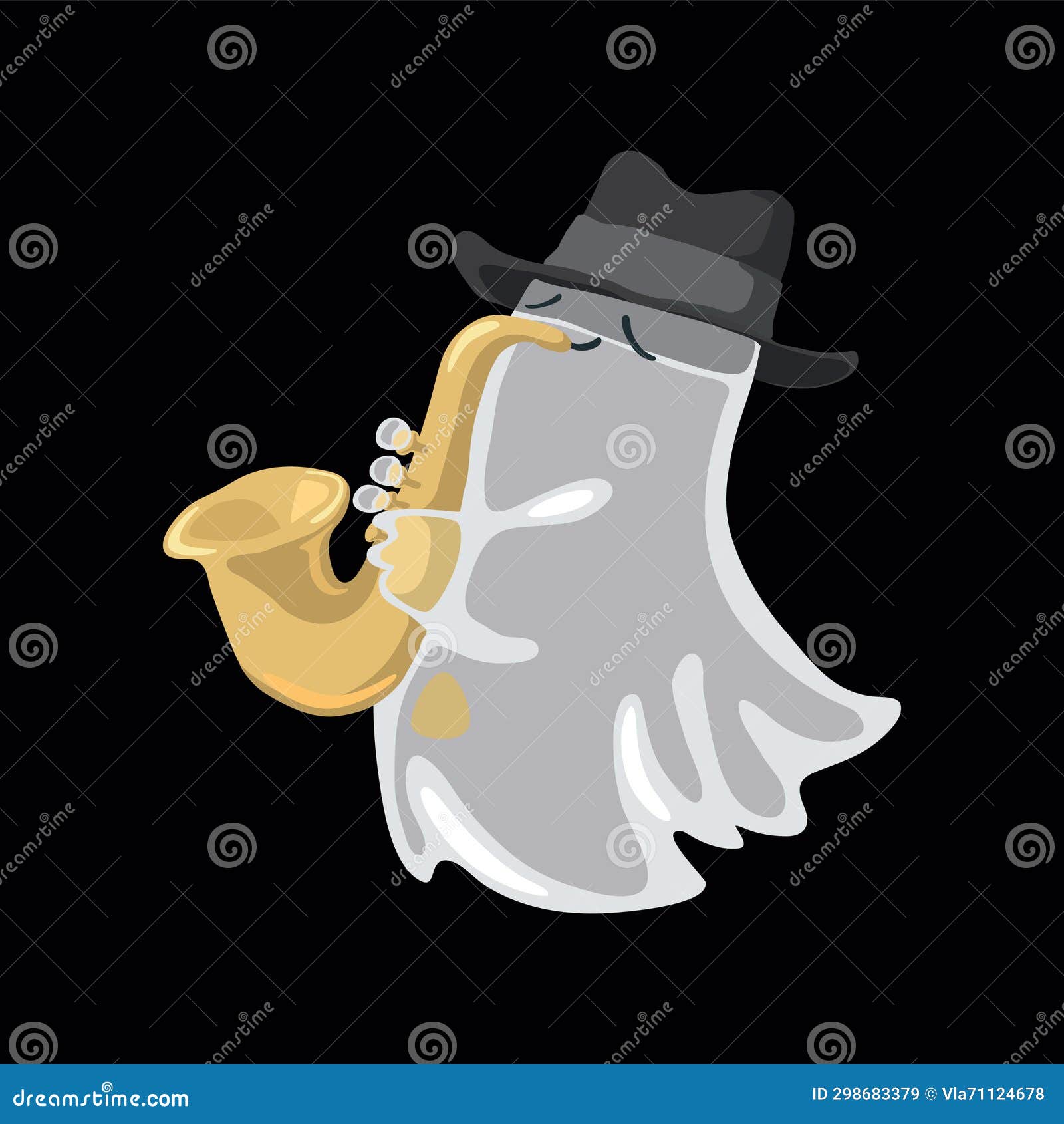 Cute Smiling Ghost in Soft Grey Hat Playing Saxophone Stock Vector ...