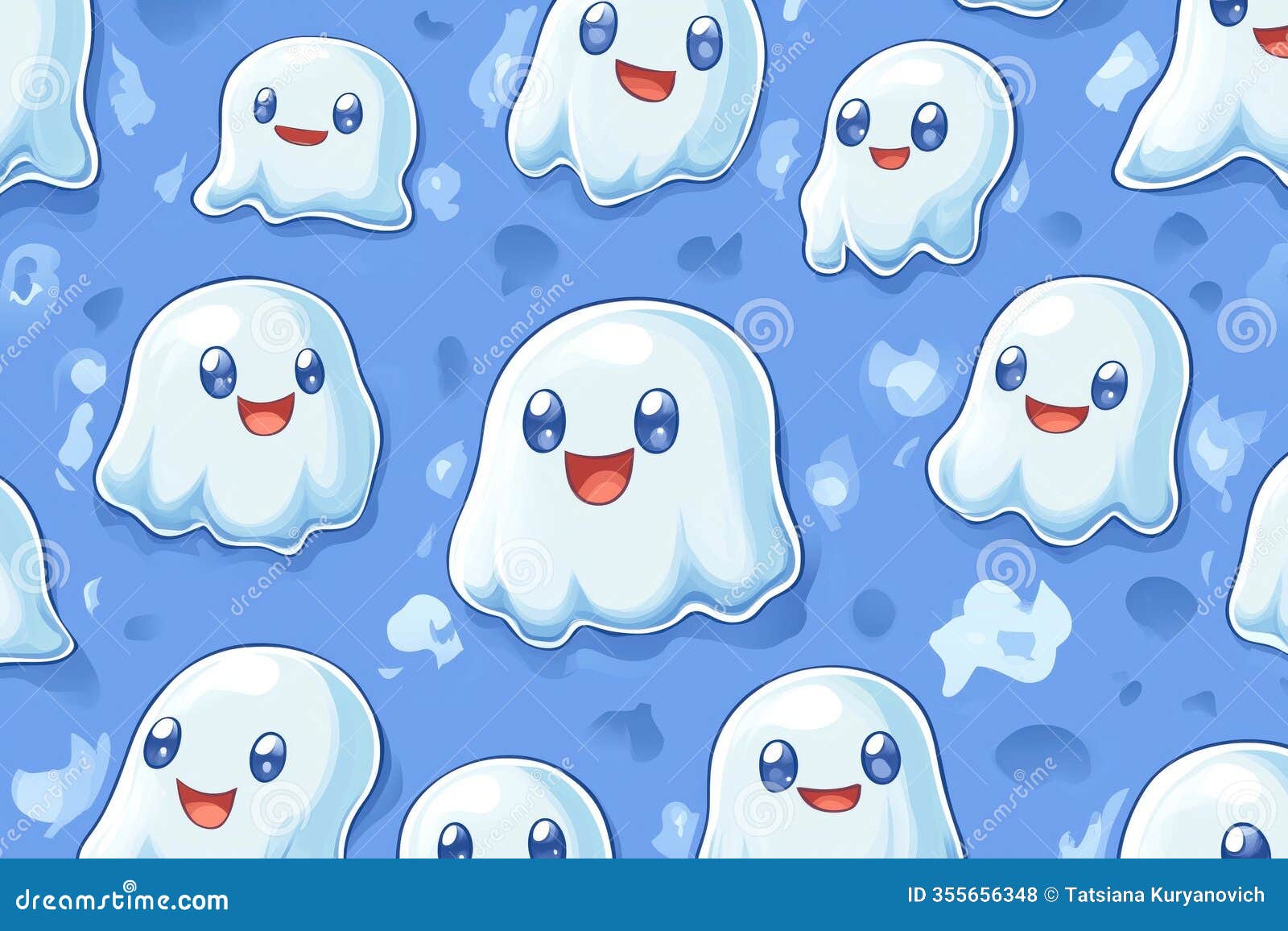 Cute Smiling Ghosts Pattern on Blue Background, Cartoon Style Design ...